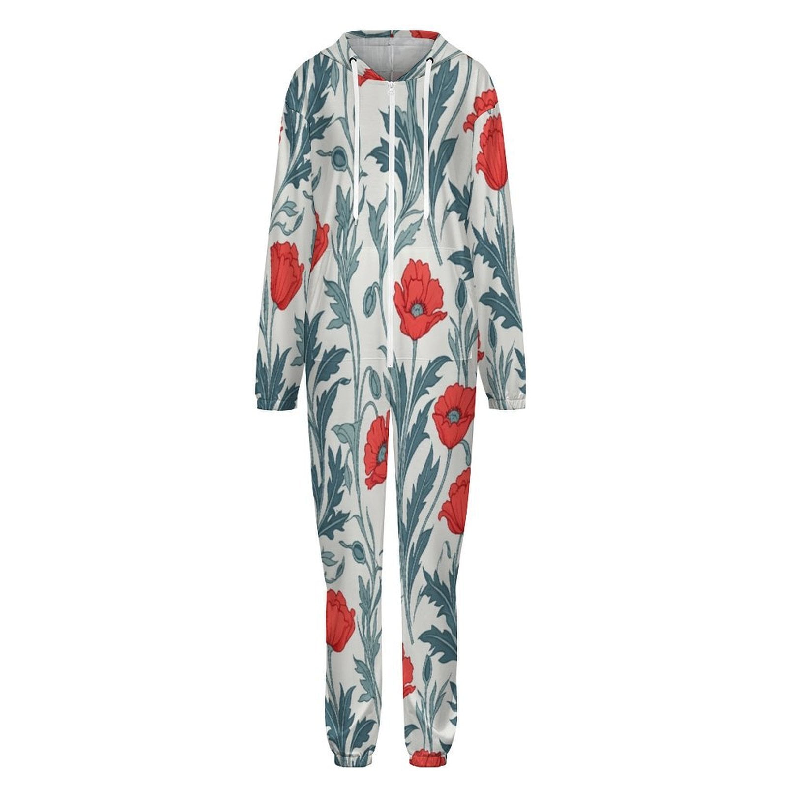 Red Poppy Floral Pattern Unisex Adult Onesie Pajamas with Pockets for ...