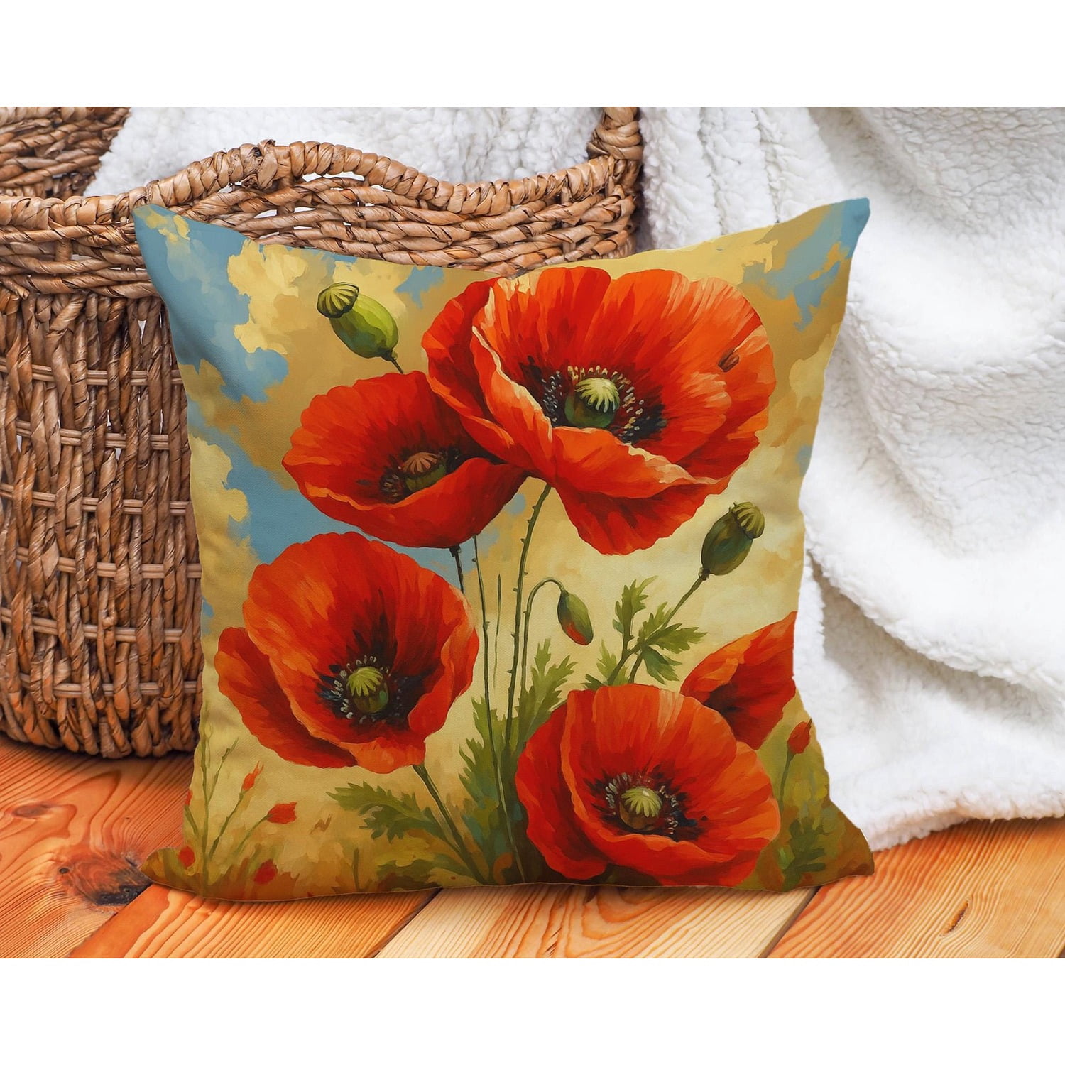 Red Poppy Floral Polyester Velvet Throw Pillow Cover Only, No Insert ...