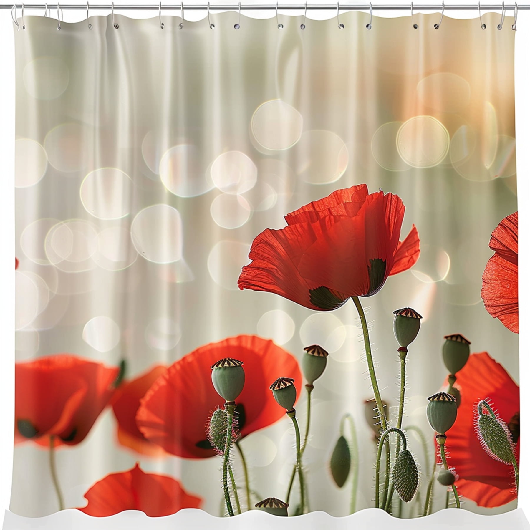Red Poppy Floral Shower Curtain Elegant White Background With Bokeh