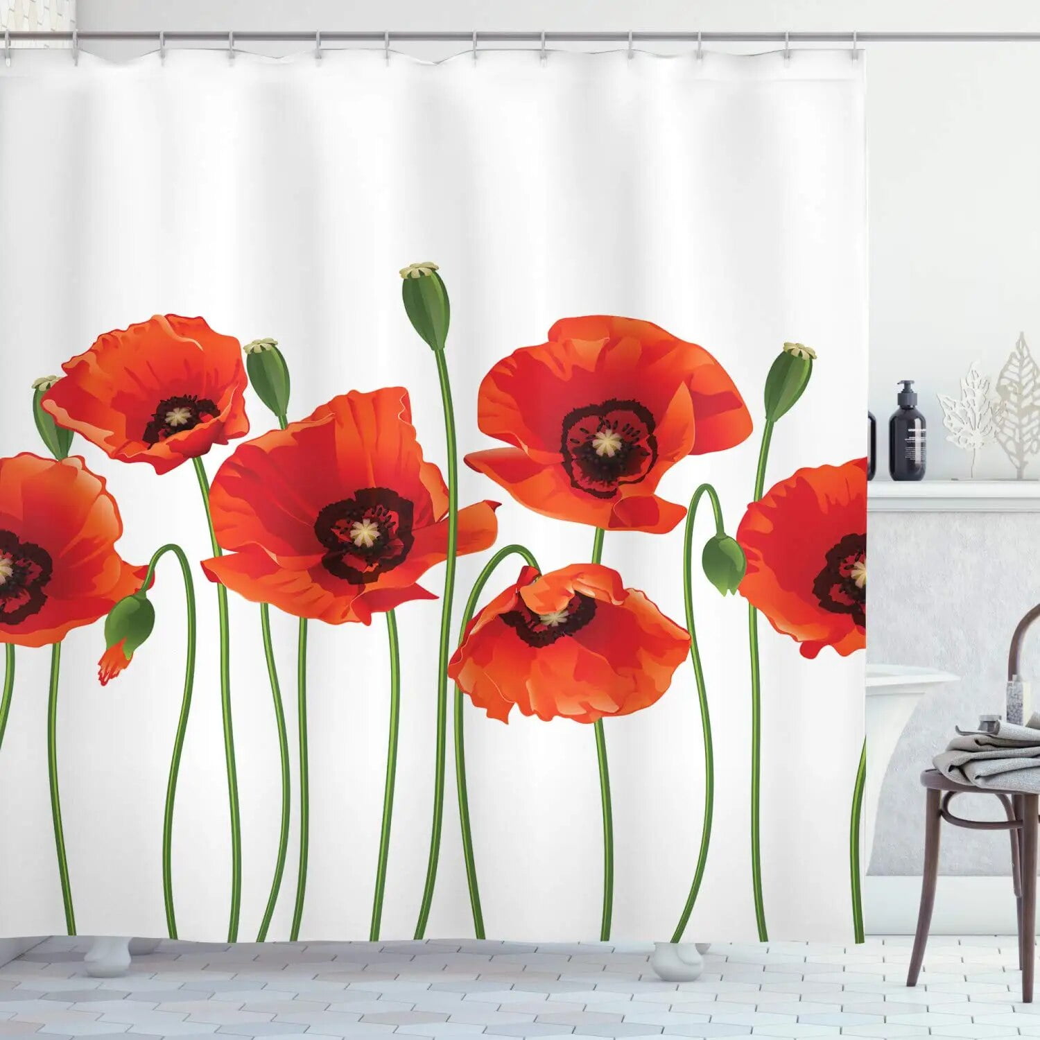 Red Poppy Floral Shower Curtain Watercolor Plants Flowers Leaves Shower