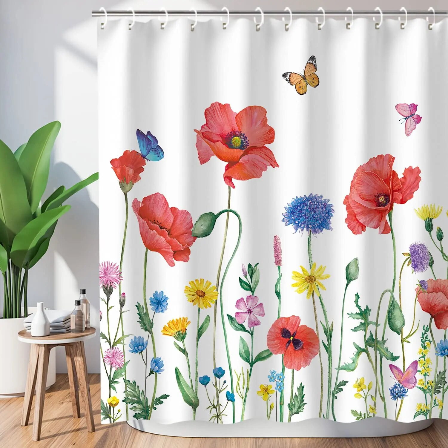 Red Poppy Floral Shower Curtain Watercolor Plants Flowers Leaves Shower