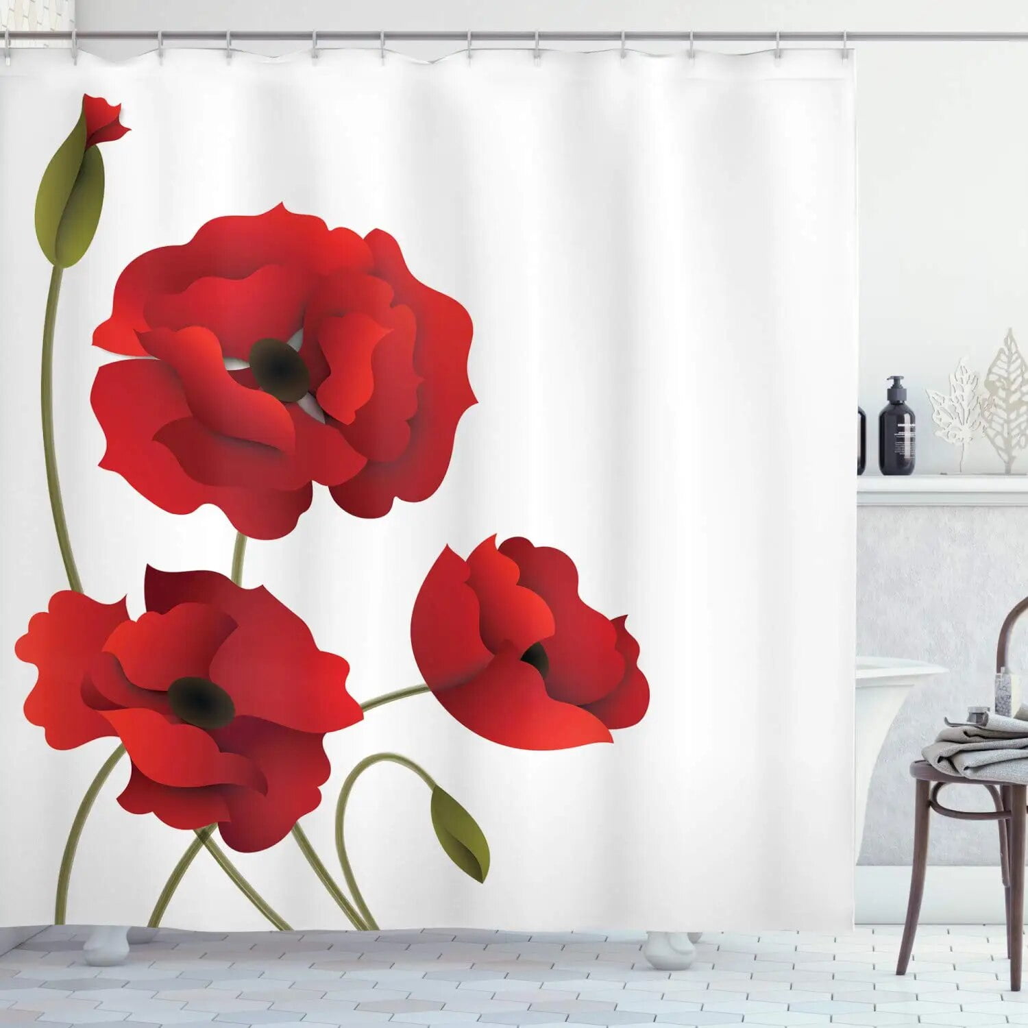 Red Poppy Floral Shower Curtain Watercolor Plants Flowers Leaves Shower ...