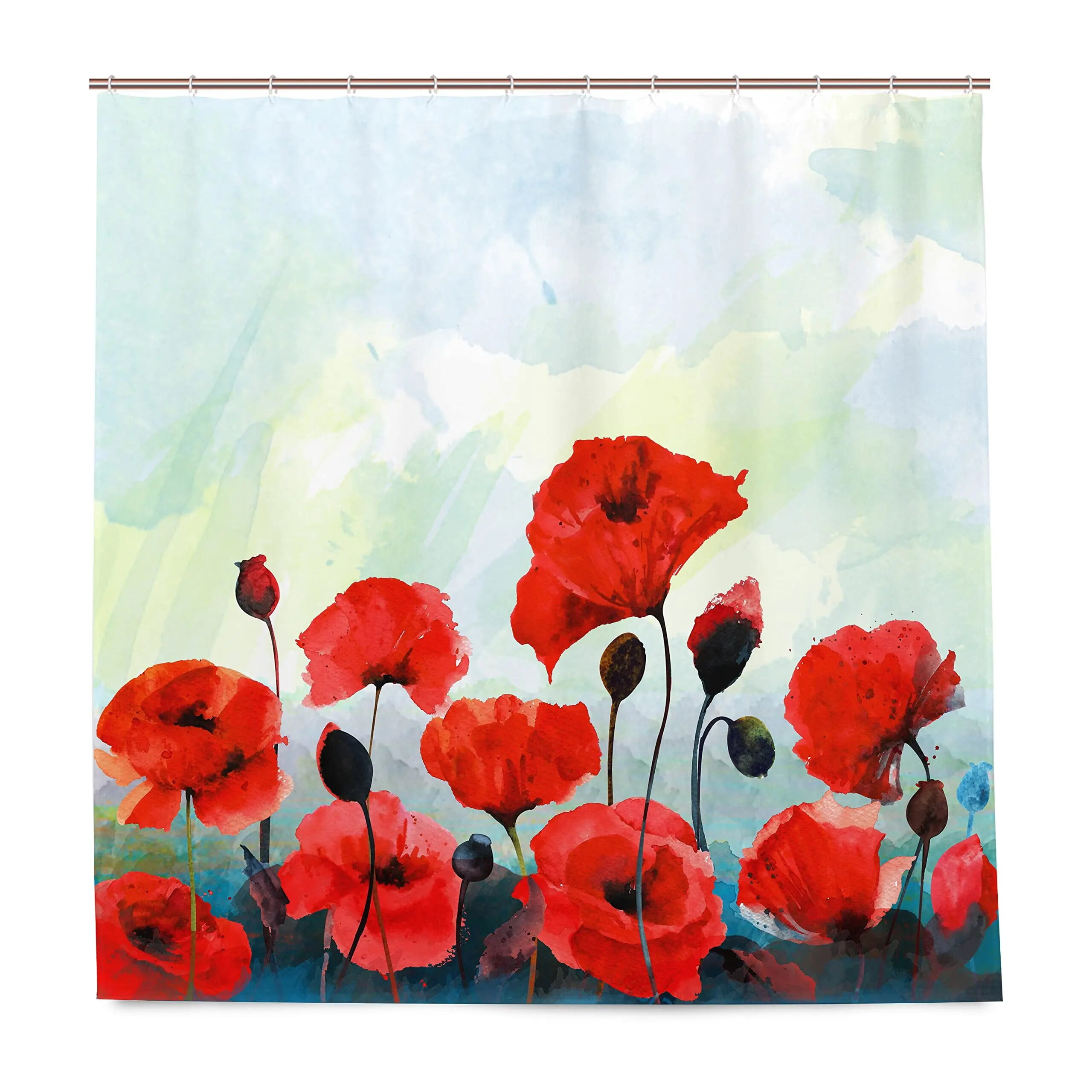 Red Poppy Floral Shower Curtain Watercolor Plants Flowers Leaves Shower ...