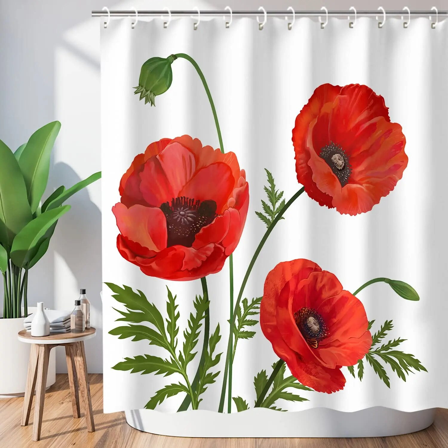 Red Poppy Floral Shower Curtain Watercolor Plants Flowers Leaves Shower