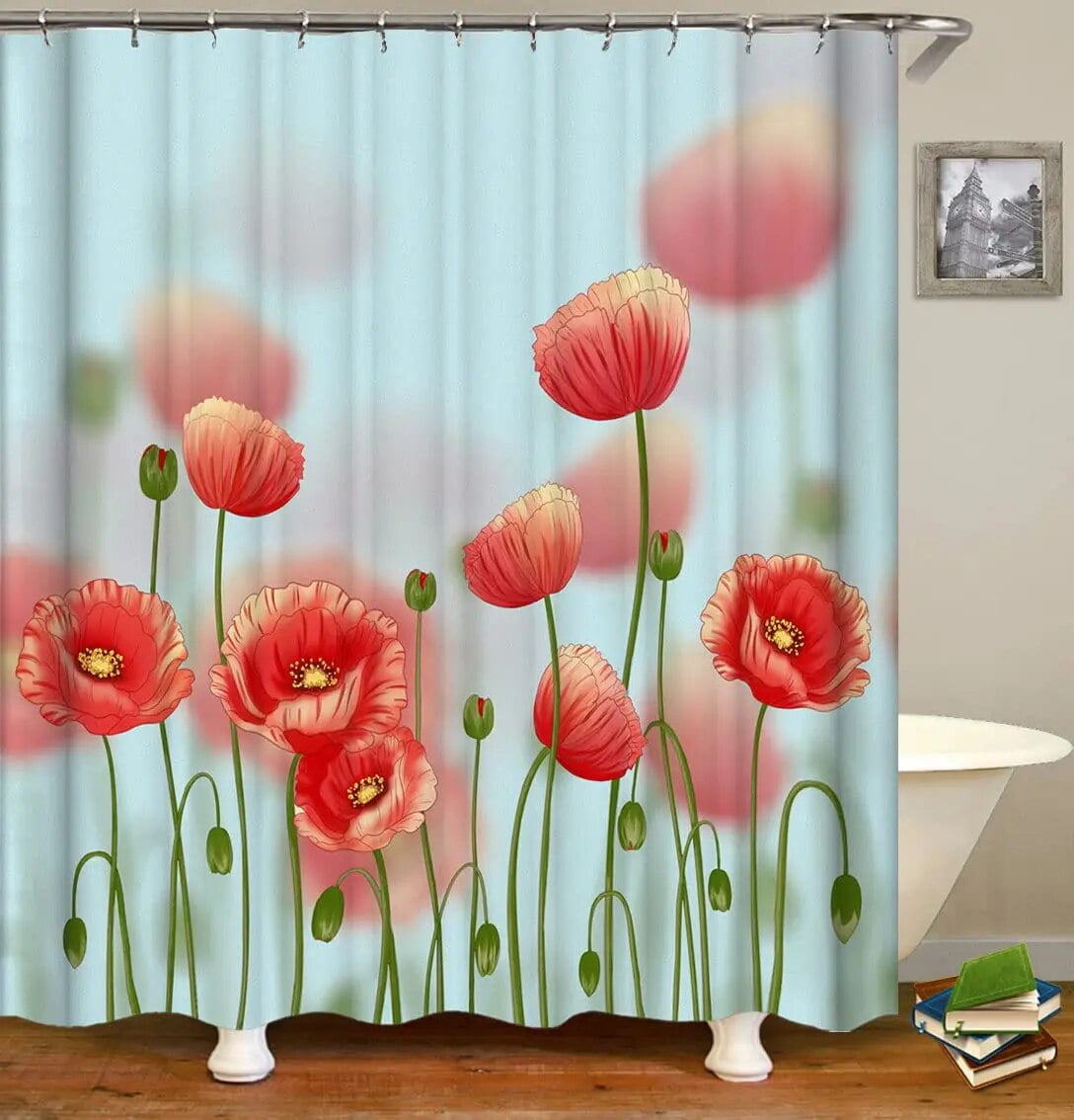 Red Poppy Floral Shower Curtain Watercolor Plants Flowers Leaves Shower ...