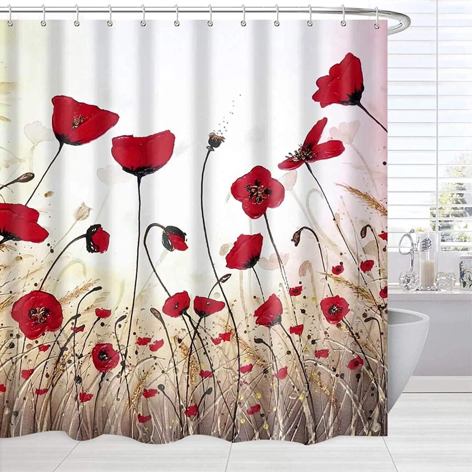 Red Poppy Floral Shower Curtain Watercolor Plants Flowers Leaves Shower ...