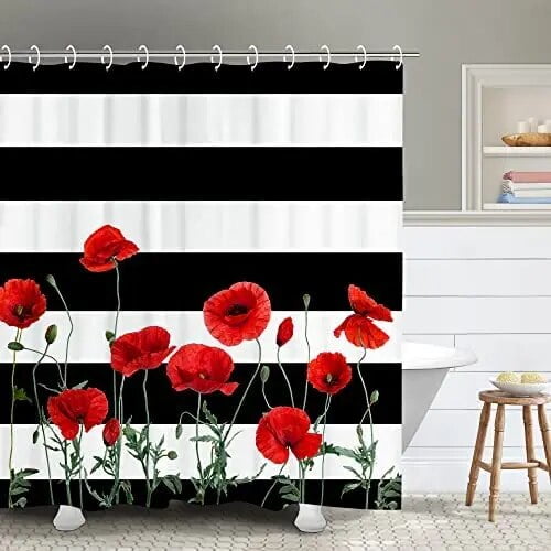 Red Poppy Floral Shower Curtain Watercolor Plants Flowers Leaves Shower ...