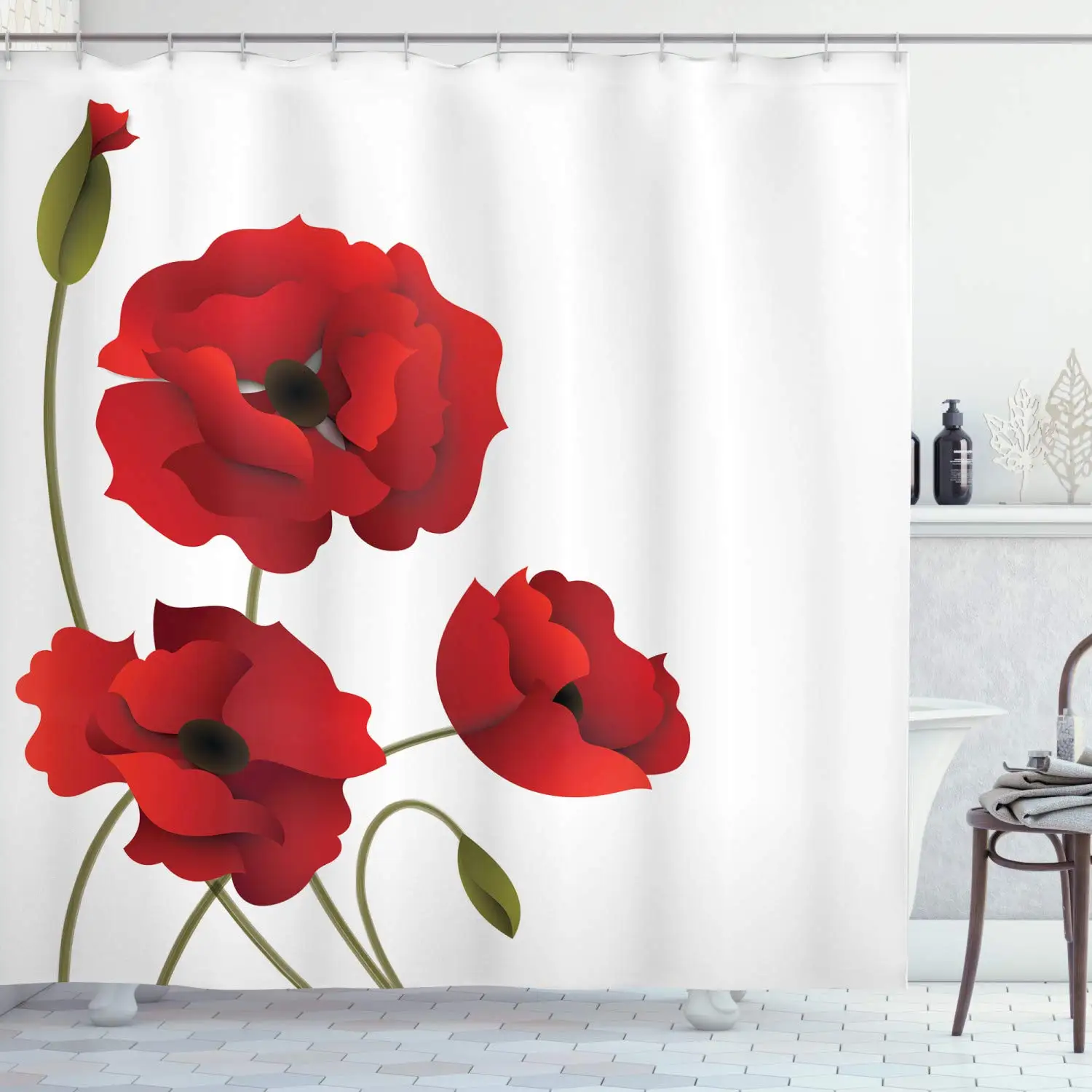 Red Poppy Floral Shower Curtain Watercolor Plants Flowers Leaves Shower ...