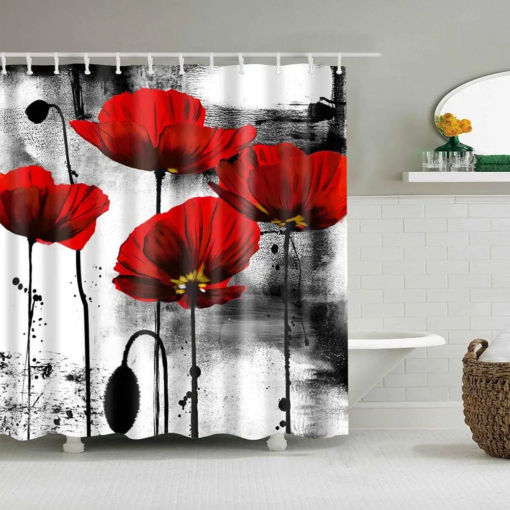 Red Poppy Floral Shower Curtain Watercolor Plants Flowers Leaves Shower ...