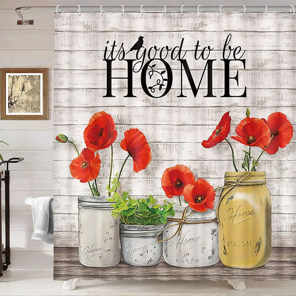 Red Poppy Floral Shower Curtain Watercolor Plants Flowers Leaves Shower ...