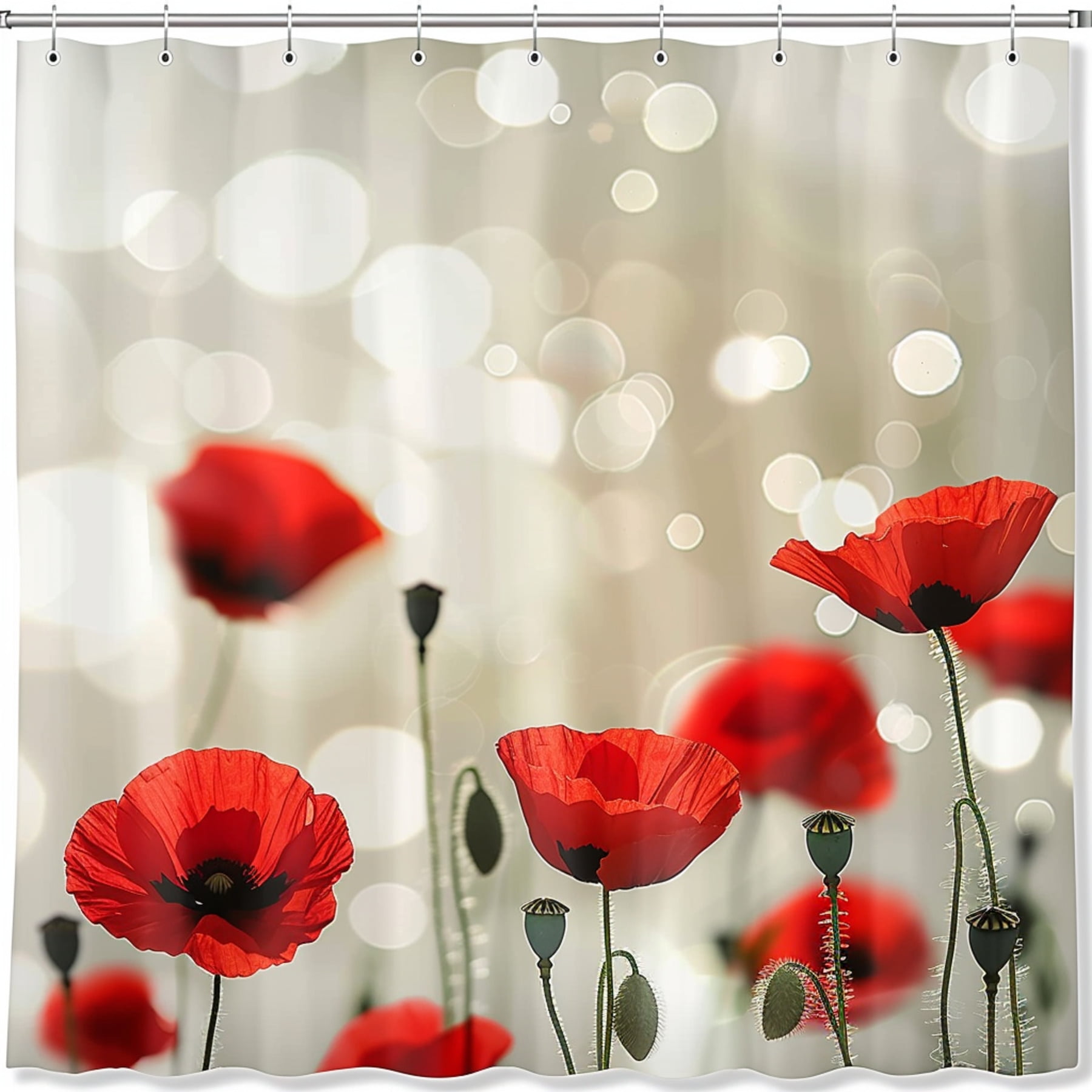 Red Poppy Floral Shower Curtain with Bokeh Effect White Background ...