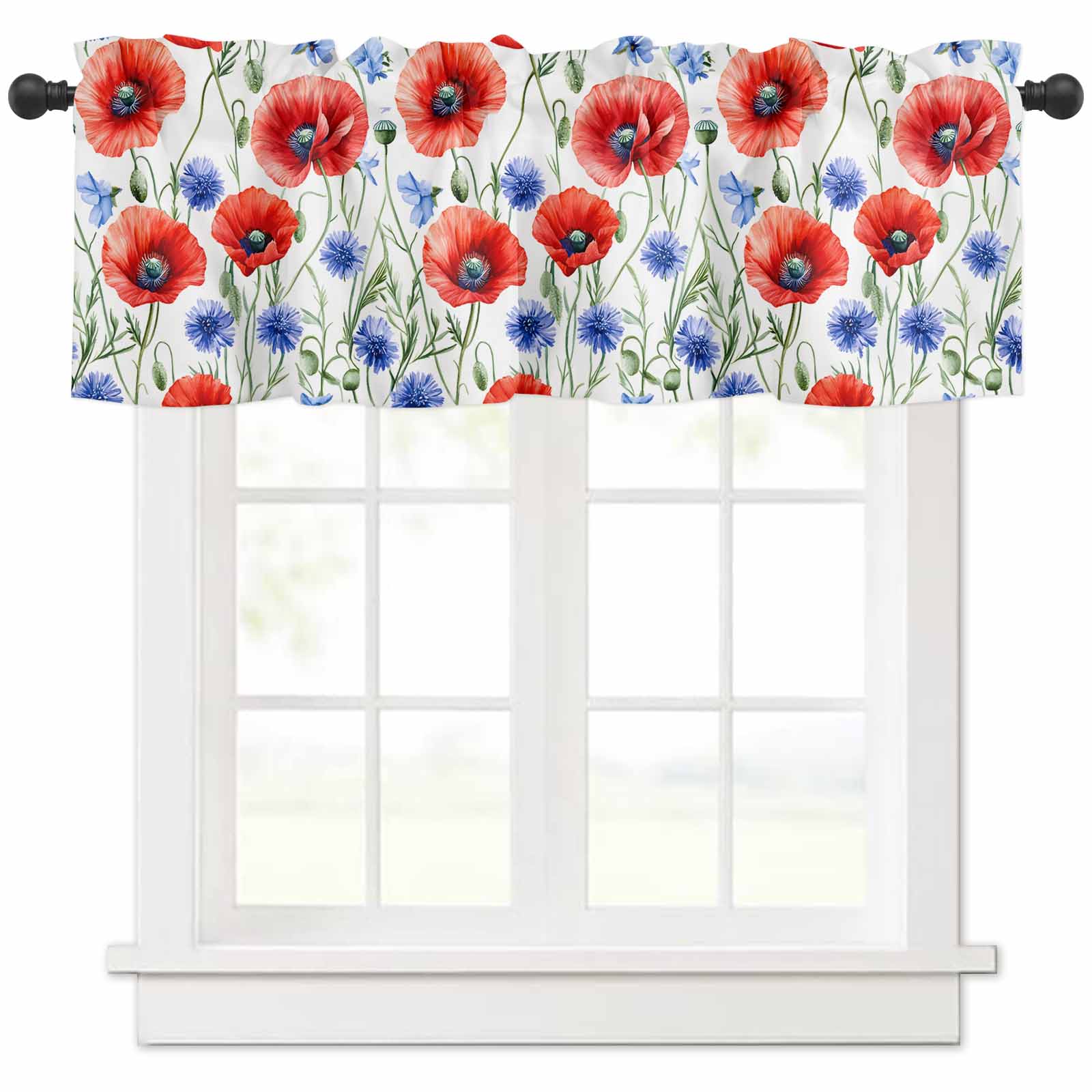 Red Poppy Floral Valances for Windows Farmhouse Kitchen Curtains ...