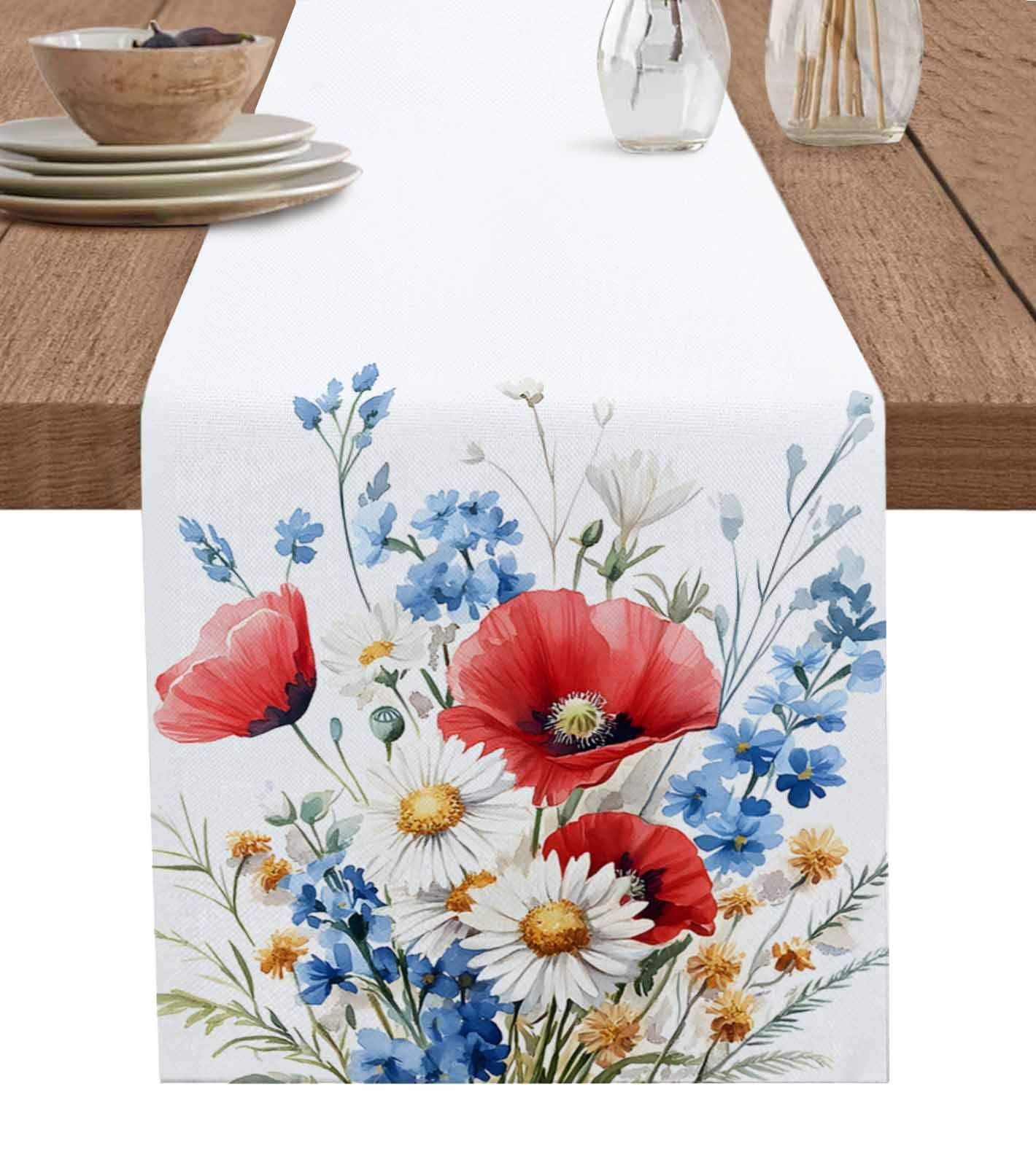 Red Poppy Flower Burlap Cotton Table Runner 13x36 Inches Short, Country ...