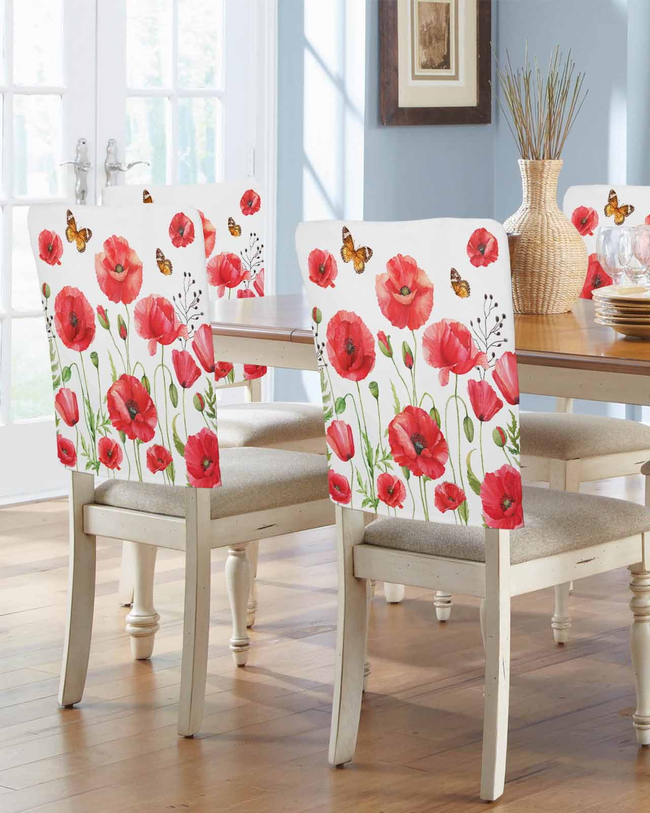 Red Poppy Flower Chair Covers for Dining Room Set of 4, Dining Chair ...