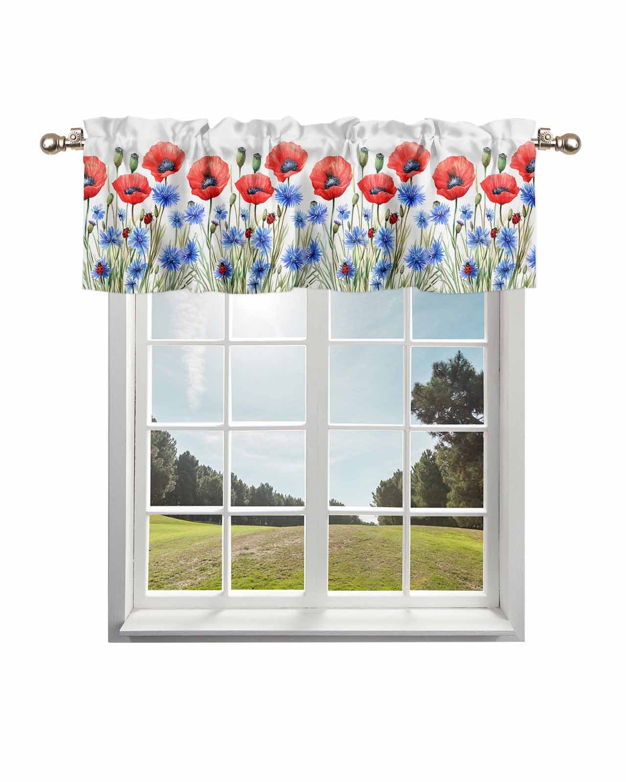 Red Poppy Flower Curtain Valance for Windows/Living Room/Kitchen ...