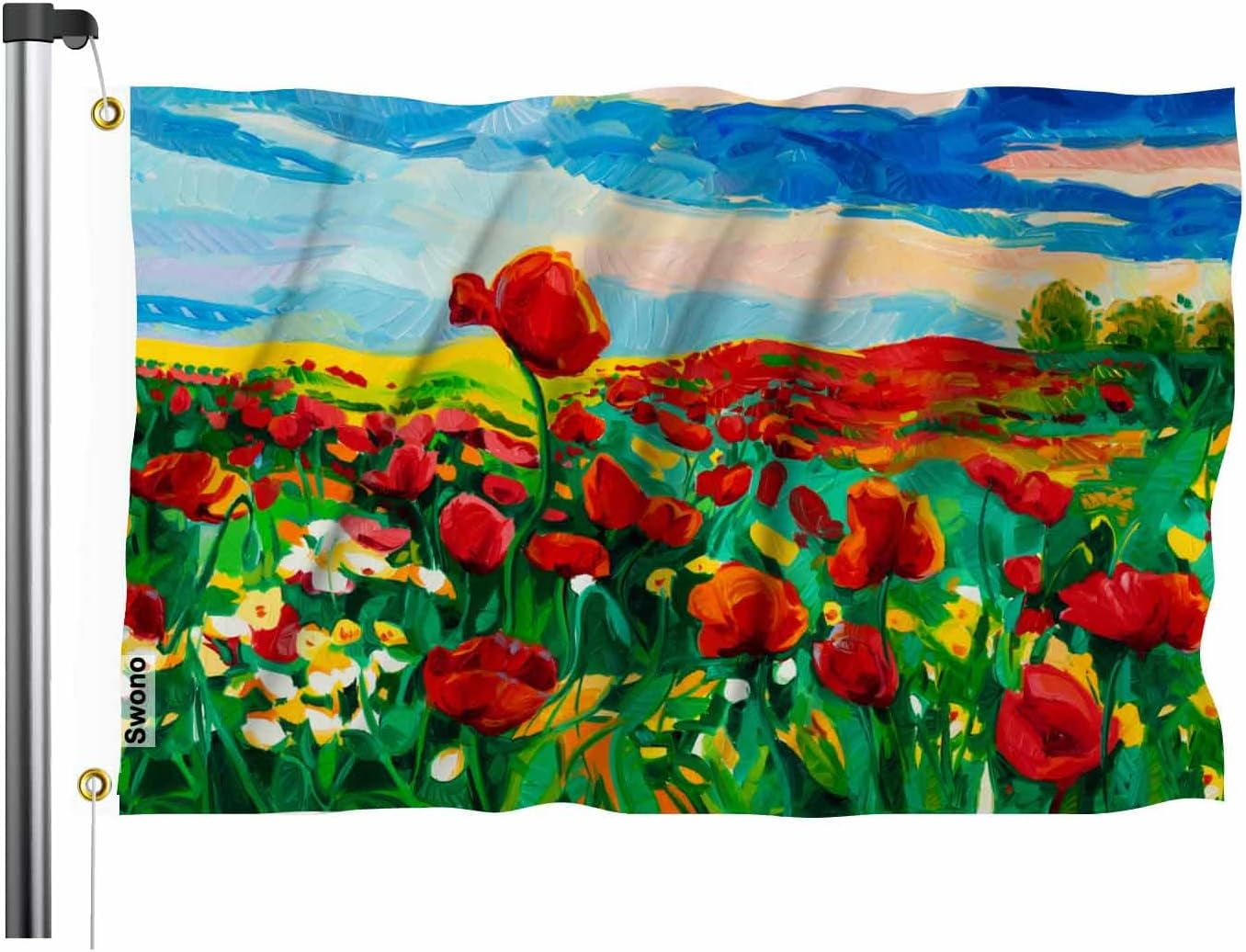 Red Poppy Flower Flag Beautiful Field Sunset Mountain Original Oil ...