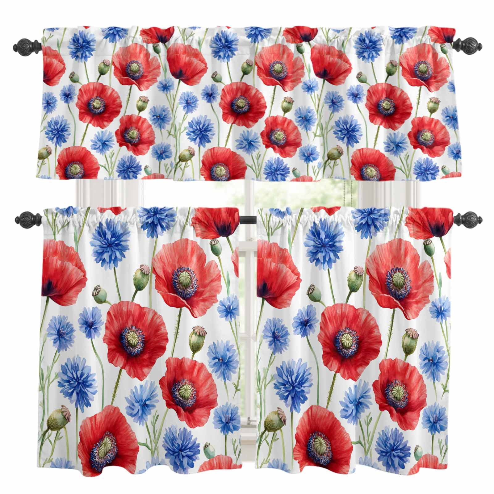 Red Poppy Flower Kitchen Curtains Sets for Windows 36 Inch Length, Blue ...