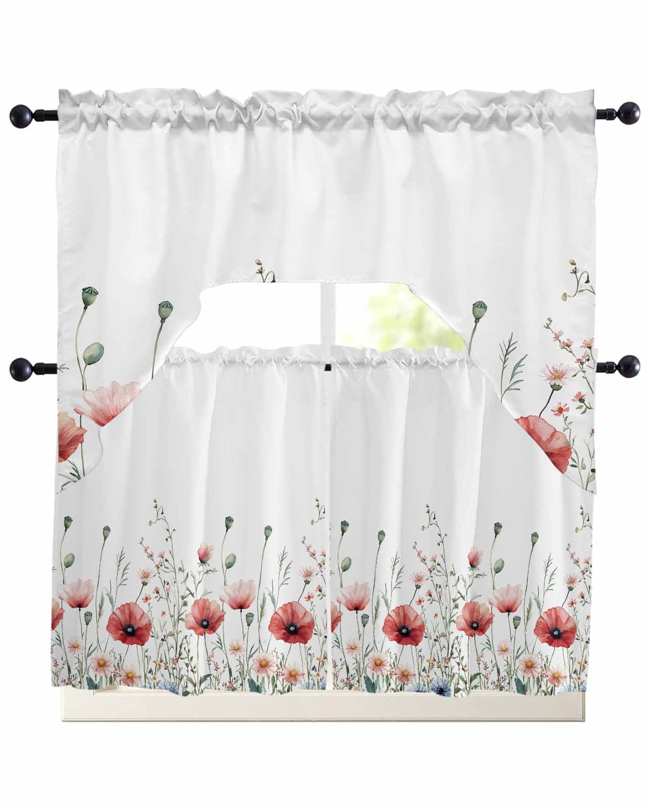 Red Poppy Flower Kitchen Curtains Swag Valance and Tier Curtains Set 24 ...