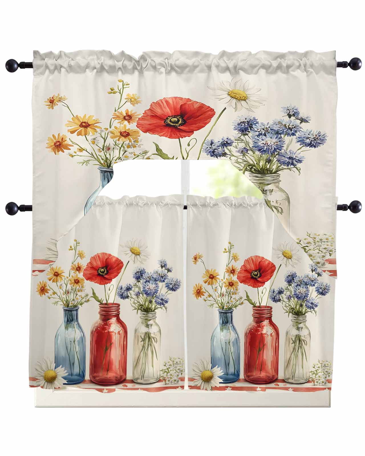 Red Poppy Flower Kitchen Curtains Swag Valance and Tier Curtains Set 24 ...