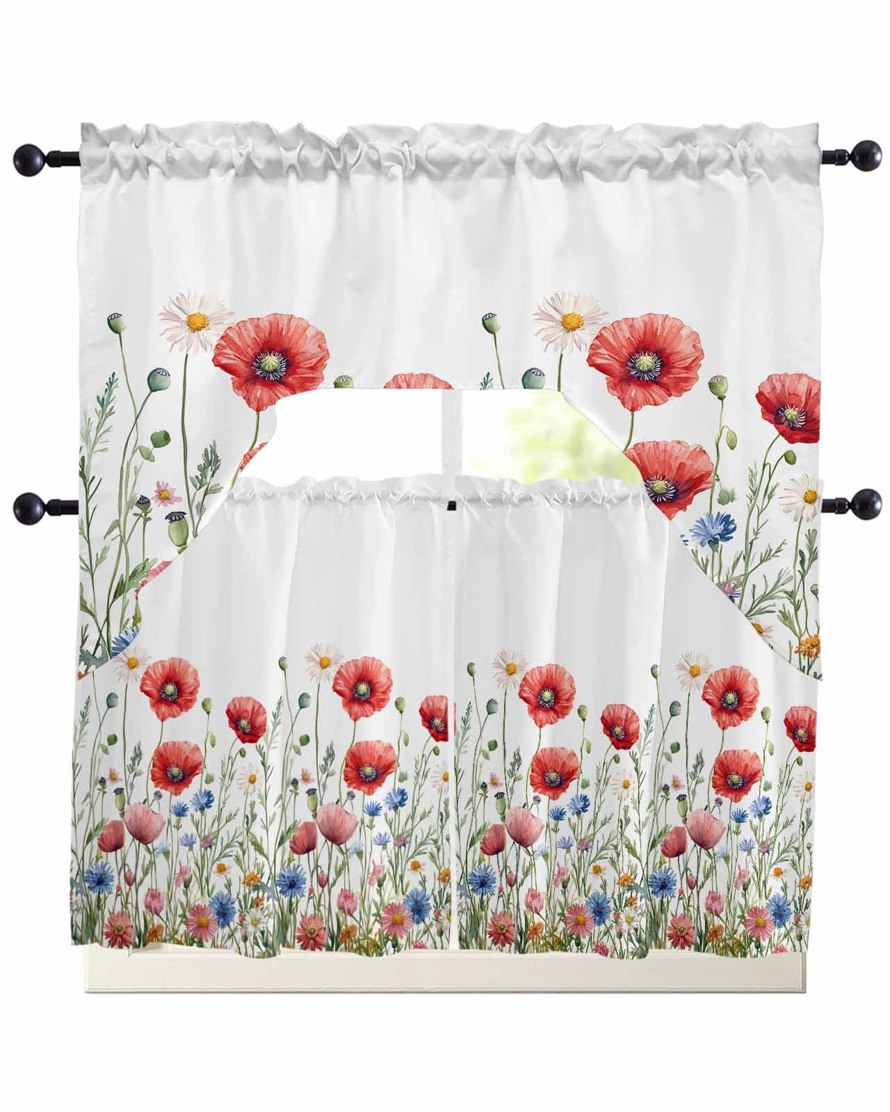 Red Poppy Flower Kitchen Curtains Swag Valance and Tier Curtains Set 36 ...