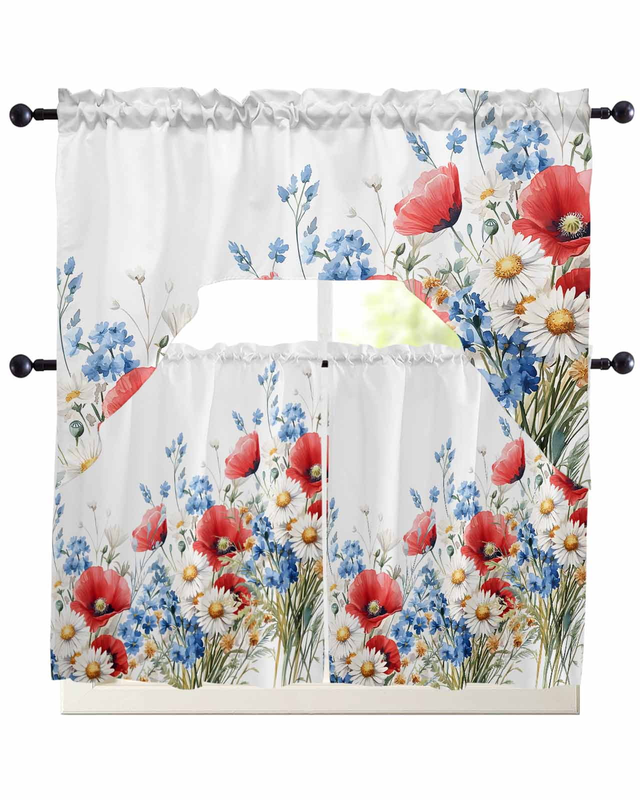 Red Poppy Flower Kitchen Curtains Swag Valance and Tier Curtains Set 36 ...