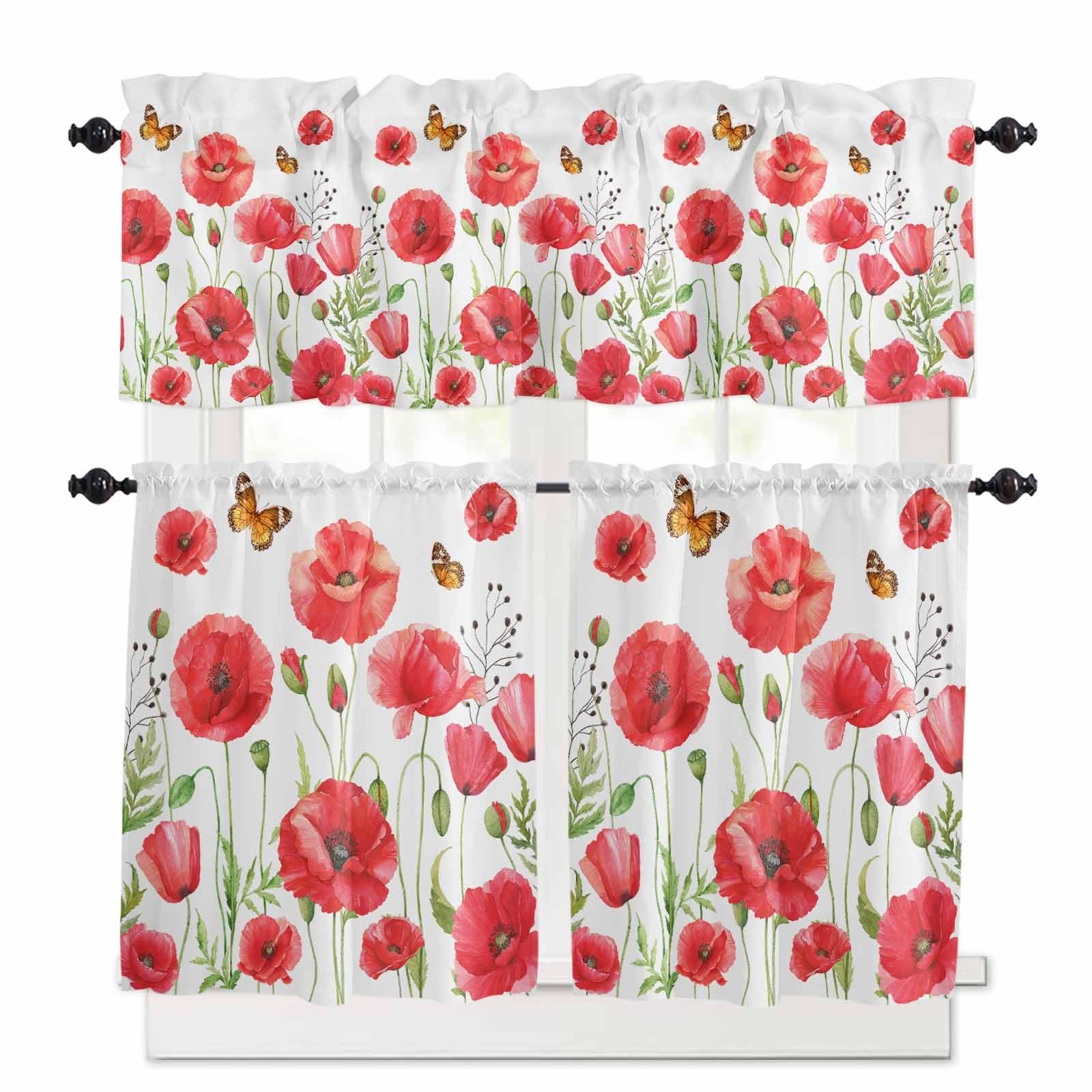 Red Poppy Flower Kitchen Curtains and Valances Set, Rod Pocket Curtains ...