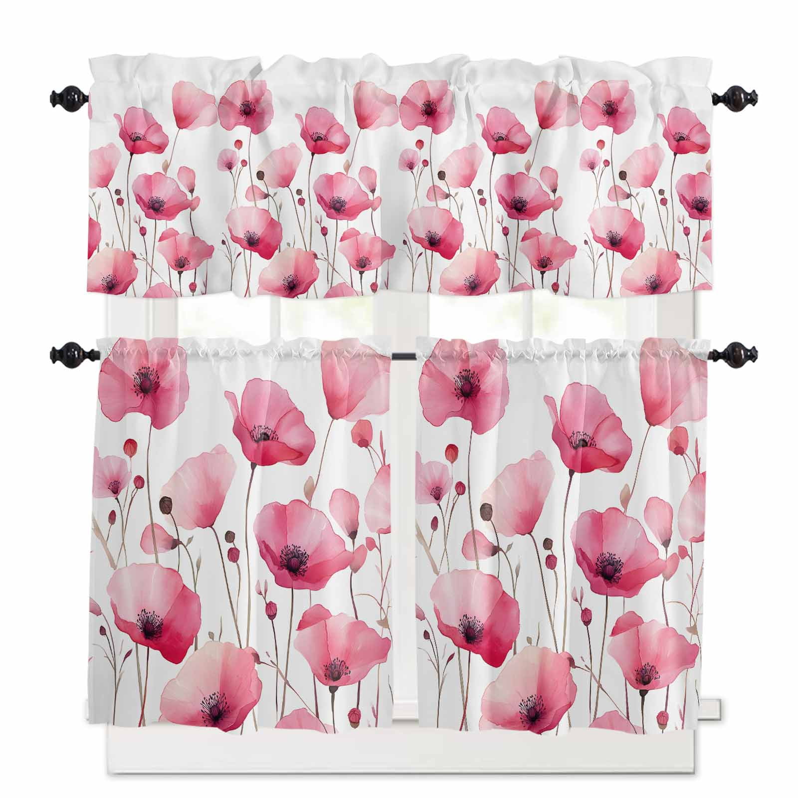 Red Poppy Flower Kitchen Curtains Valances and Tiers Set of 3 Spring ...