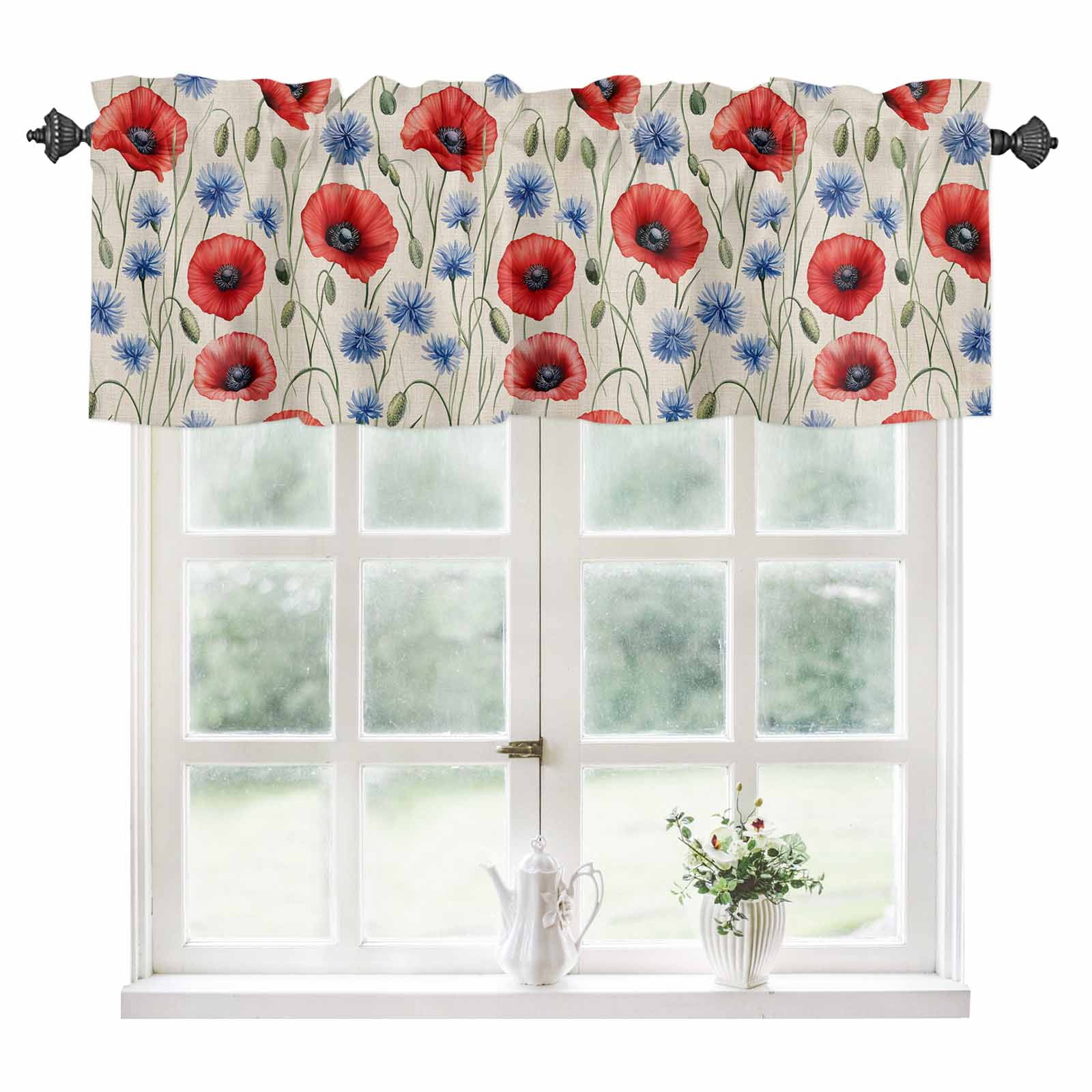 Red Poppy Flower Kitchen Valances for Windows 42x12 Inch Kitchen ...