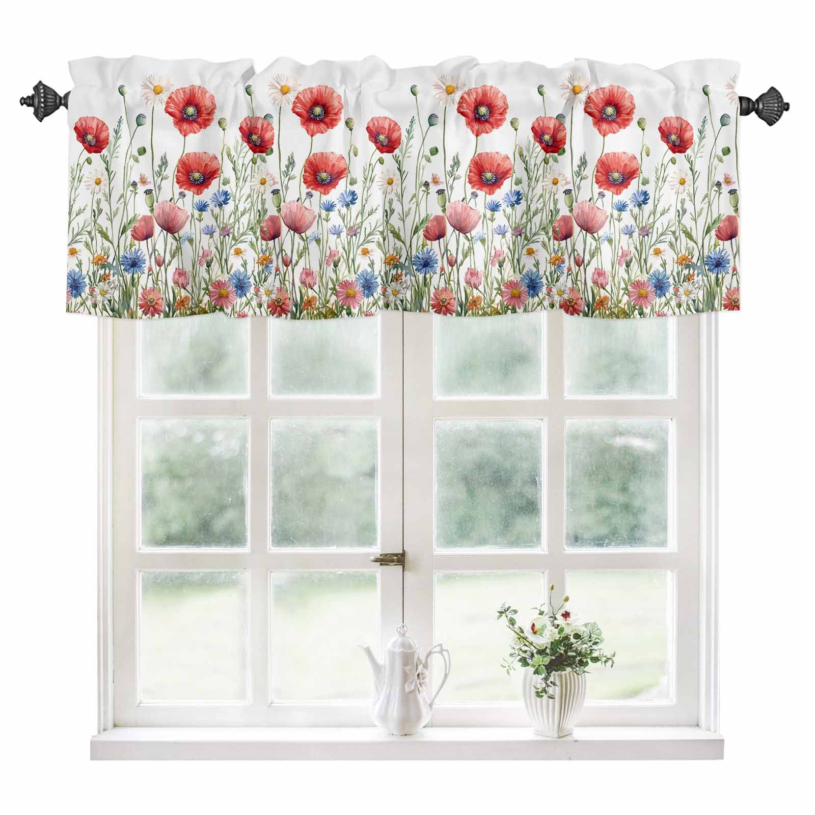 Red Poppy Flower Kitchen Valances for Windows 60x18 Inch Kitchen ...