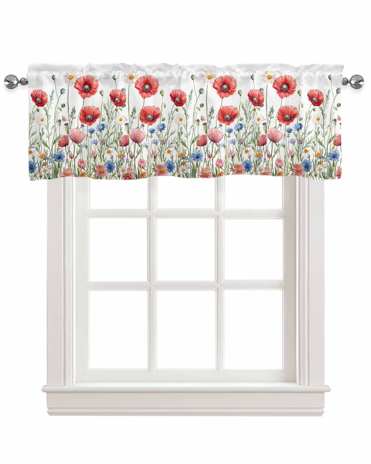 Red Poppy Flower Kitchen Valances for Windows Farmhouse Linen Window ...