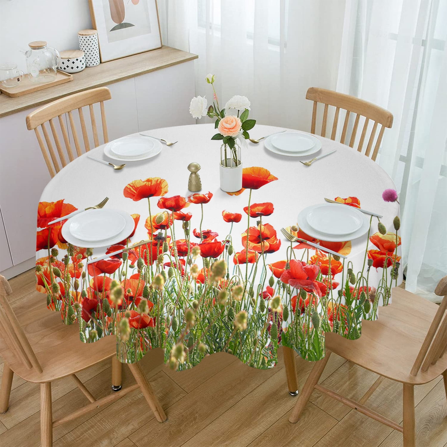 Red Poppy Flower Meadow Round Tablecloths for Dining Table Waterproof ...