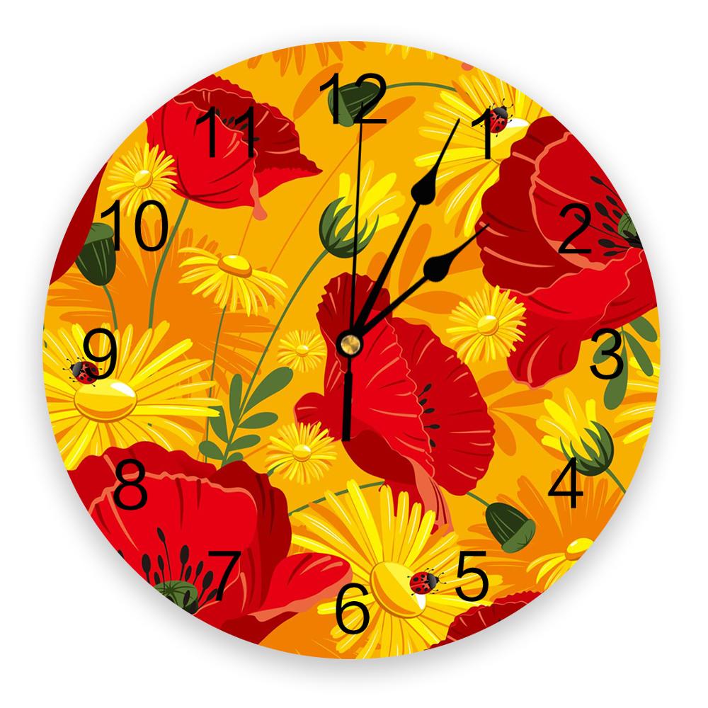 Red Poppy Flower PVC Wall Clock Wall rations Living Room Digital Clock ...