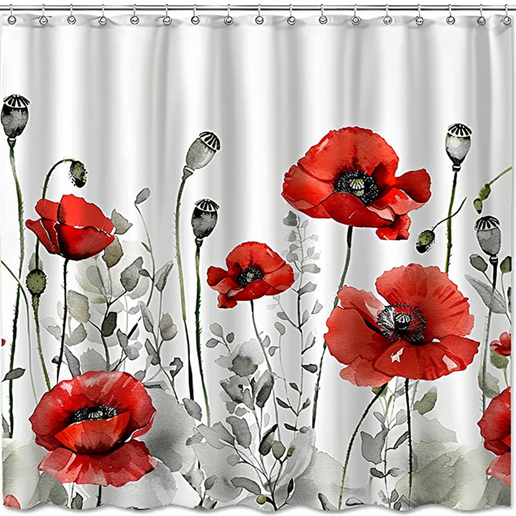 Red Poppy Flower Pattern Shower Curtain White Background With Grey