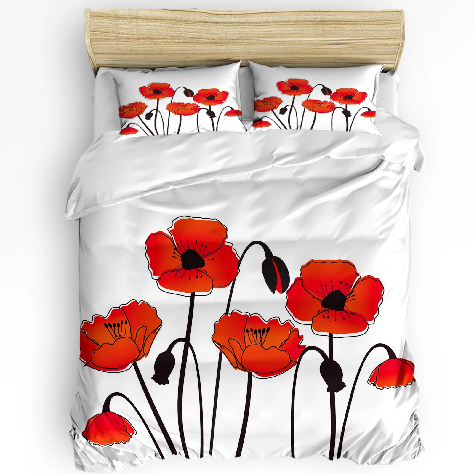 Red Poppy Flower Plant Nature 3pcs Bedding Set For Bedroom Double Bed ...