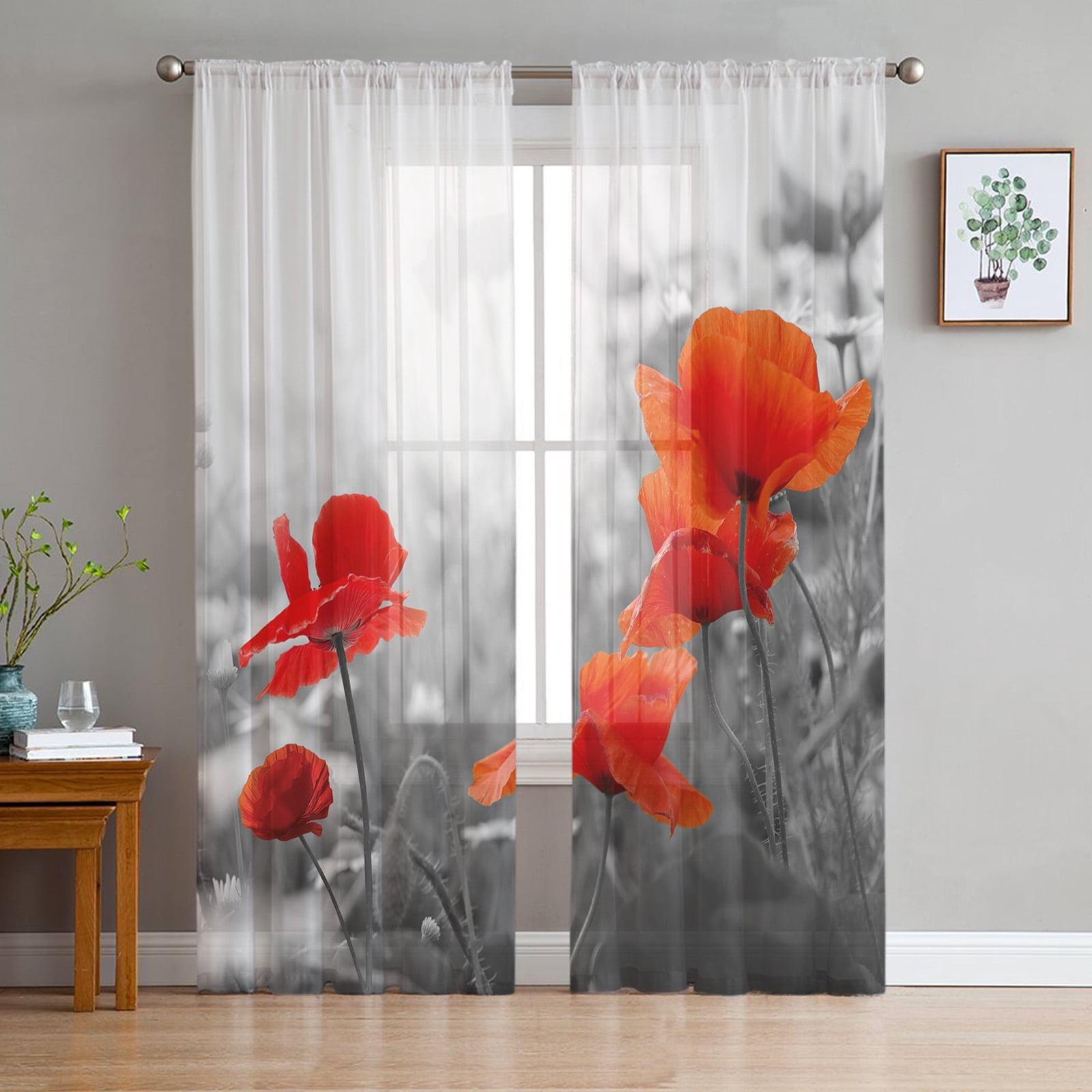 Red Poppy Flower Plant Nature Tulle Sheer Window Curtains for Living ...