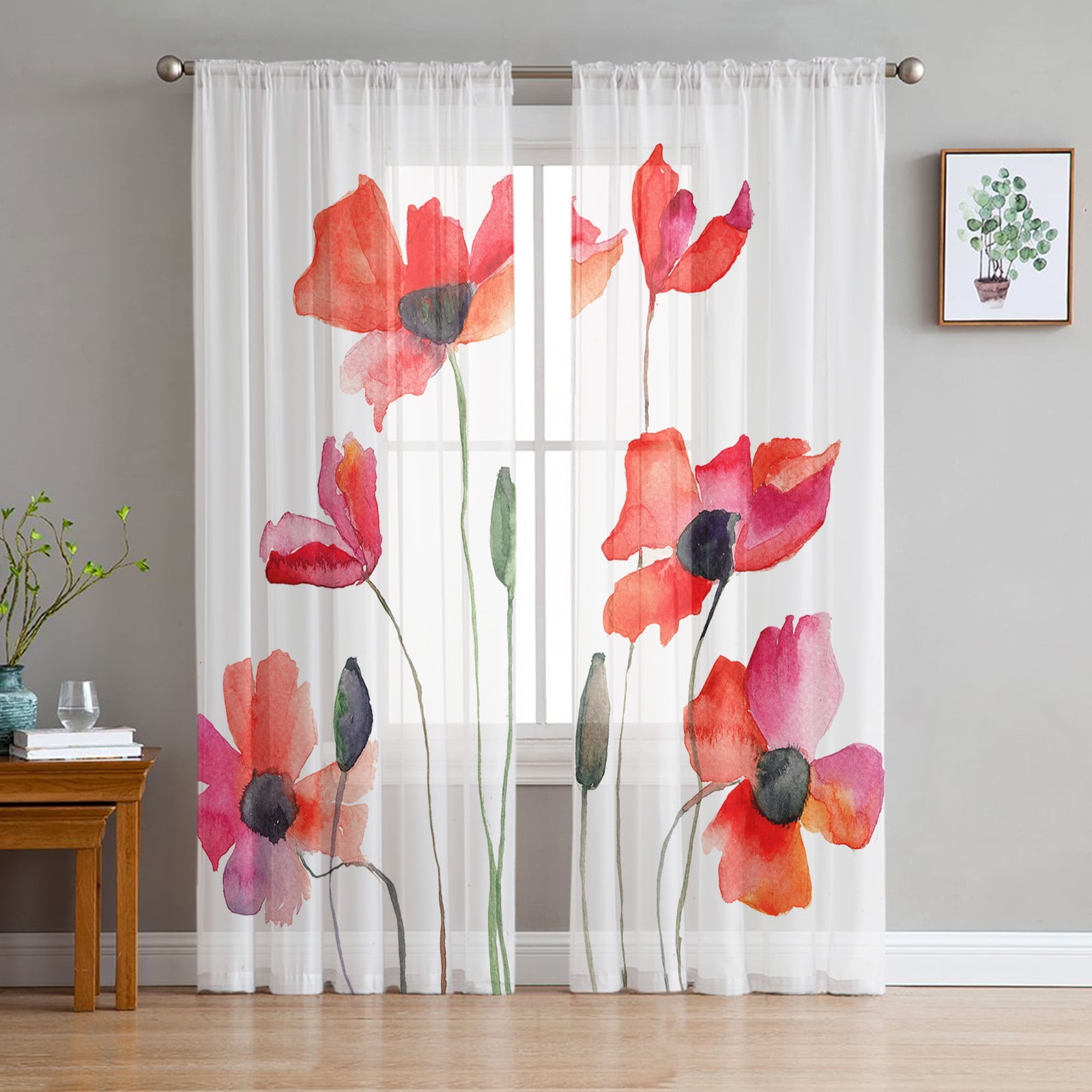 Red Poppy Flower Plant Nature Tulle Sheer Window Curtains for Living ...