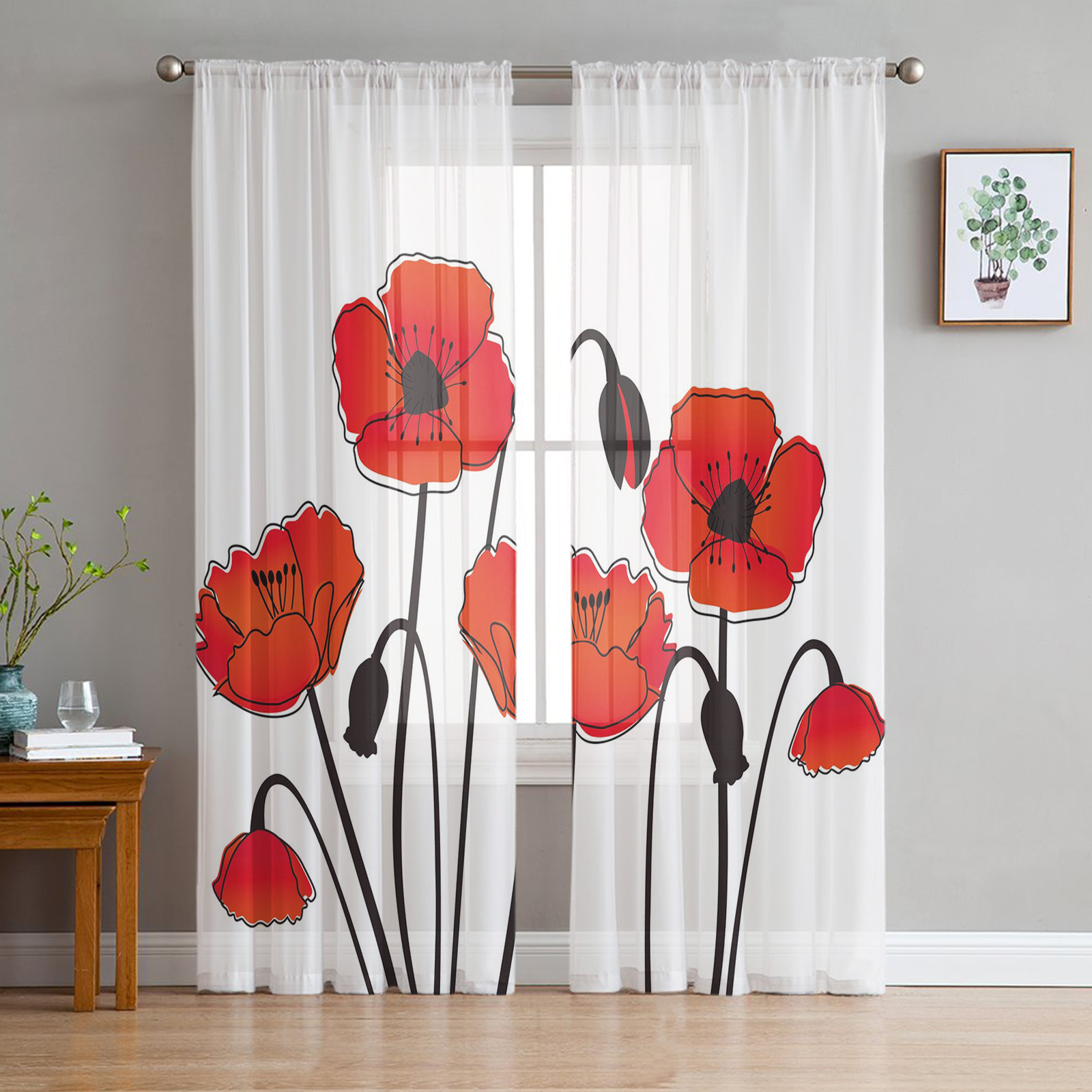 Red Poppy Flower Plant Nature Tulle Sheer Window Curtains for Living ...