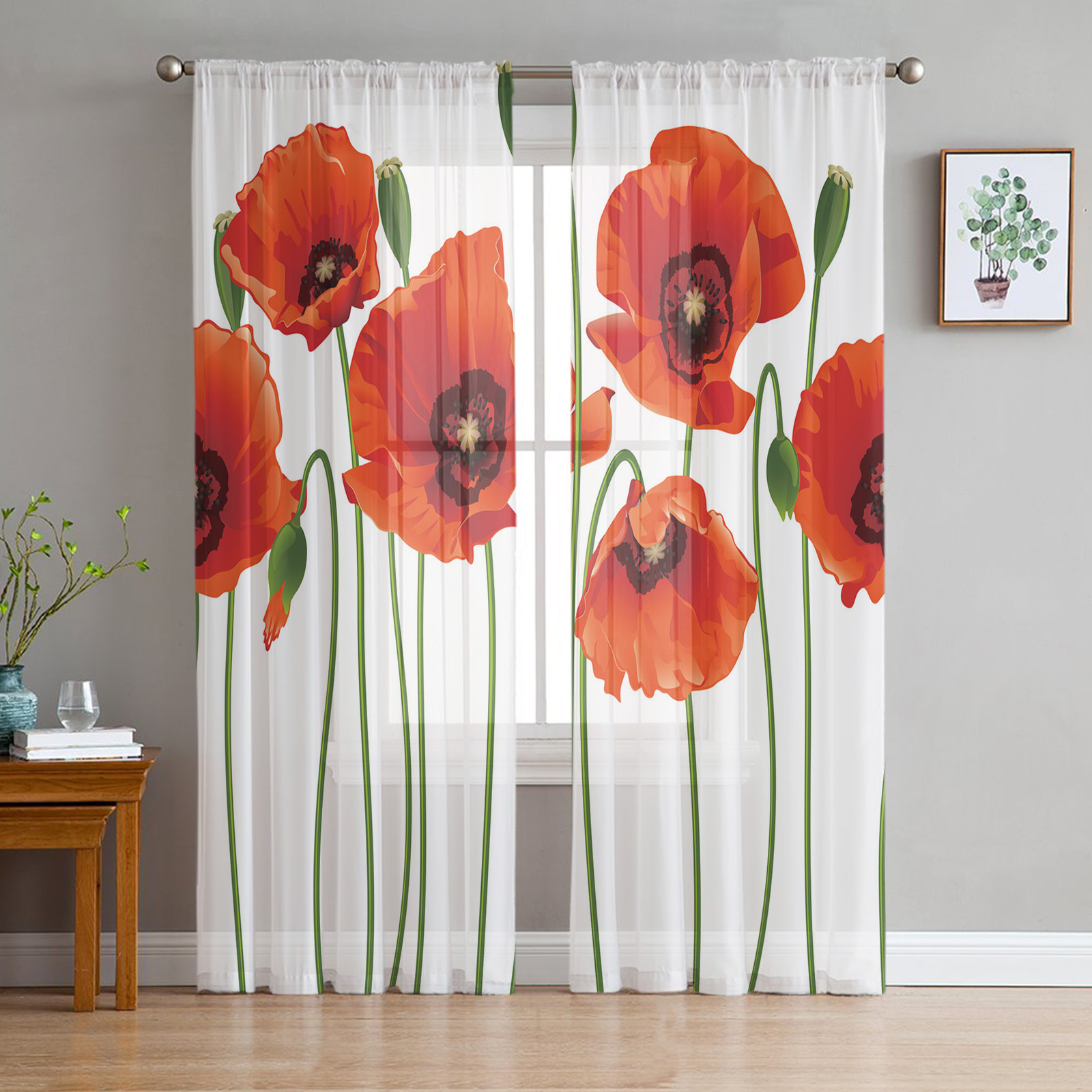 Red Poppy Flower Plant Nature Tulle Sheer Window Curtains for Living ...
