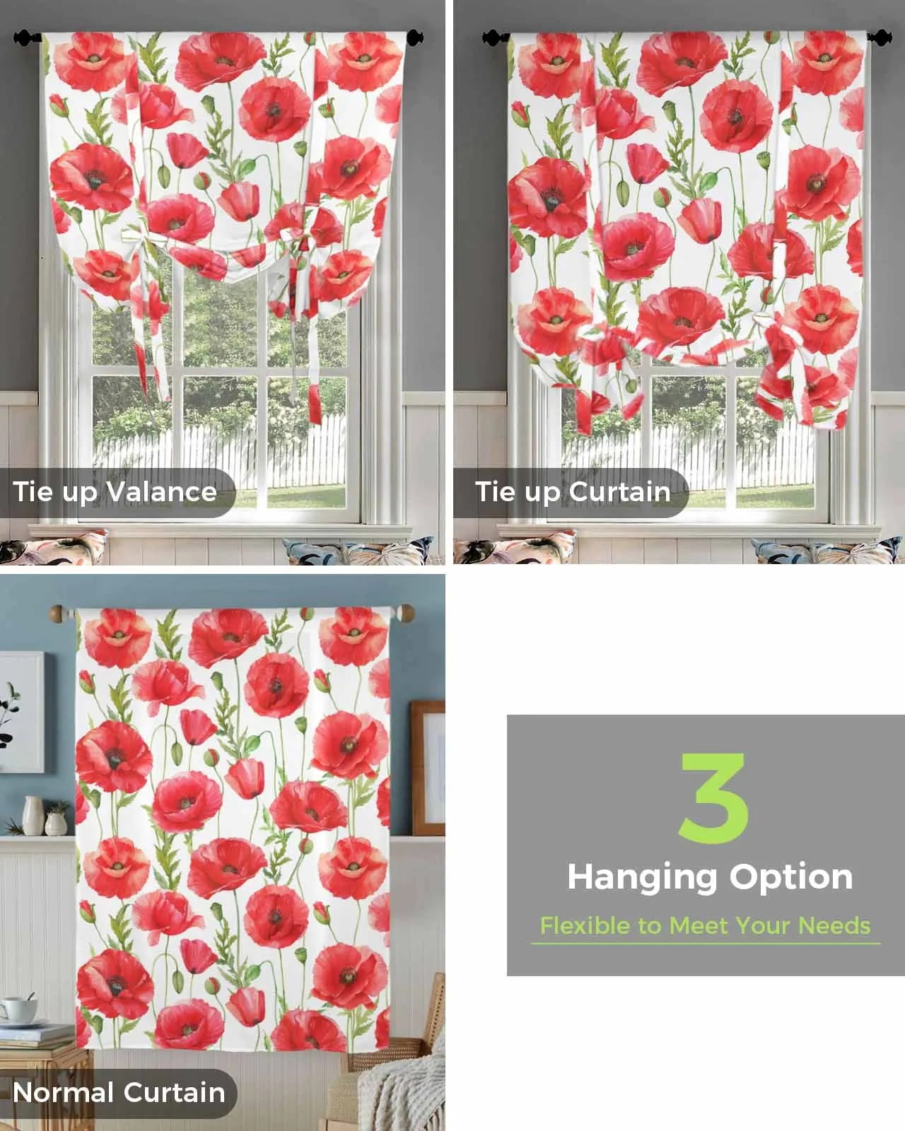 Red Poppy Flower Retro Window Curtain for Living Room Roman Curtains ...