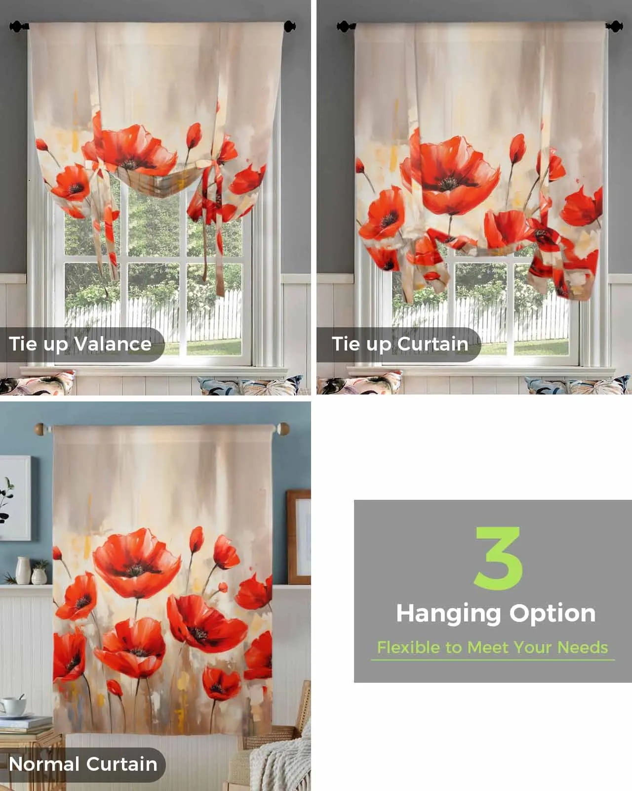 Red Poppy Flower Retro Window Curtain for Living Room Roman Curtains ...