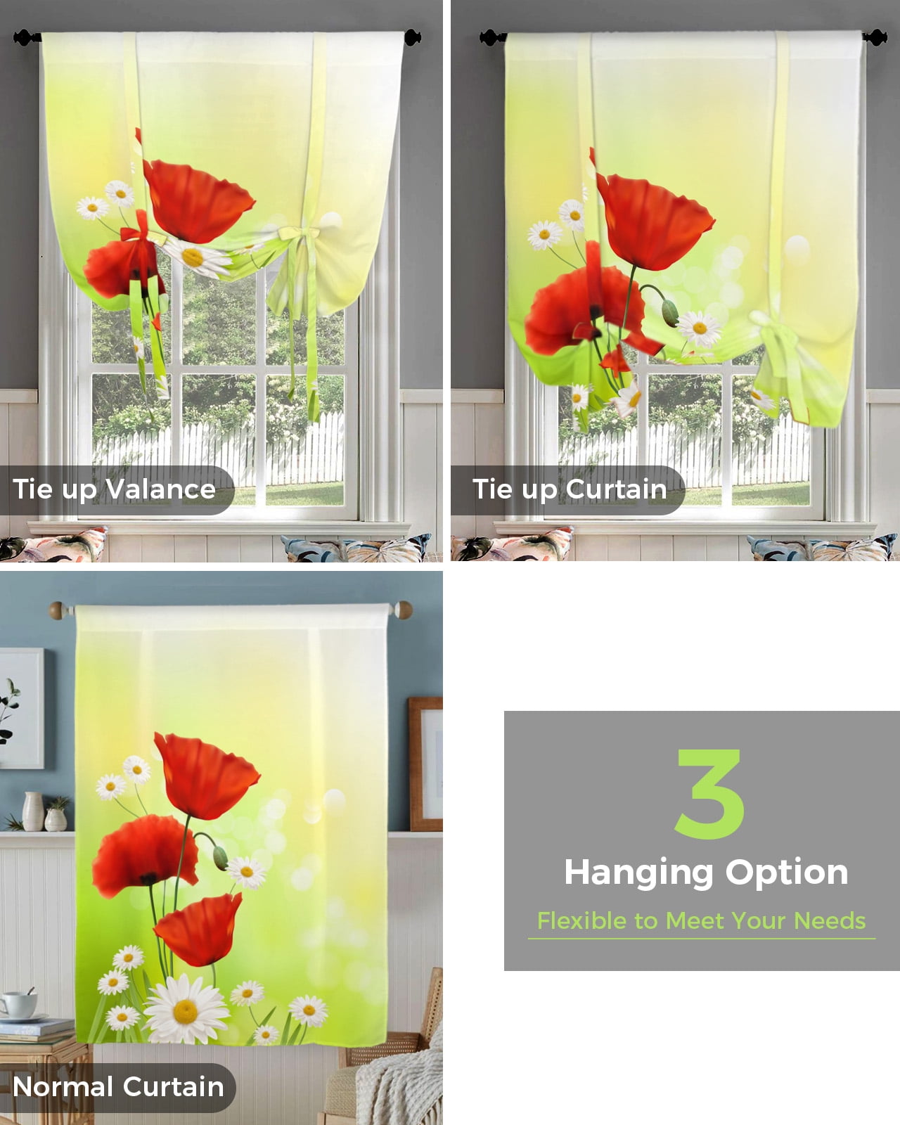 Red Poppy Flower Retro Window Curtain for Living Room Roman Curtains ...