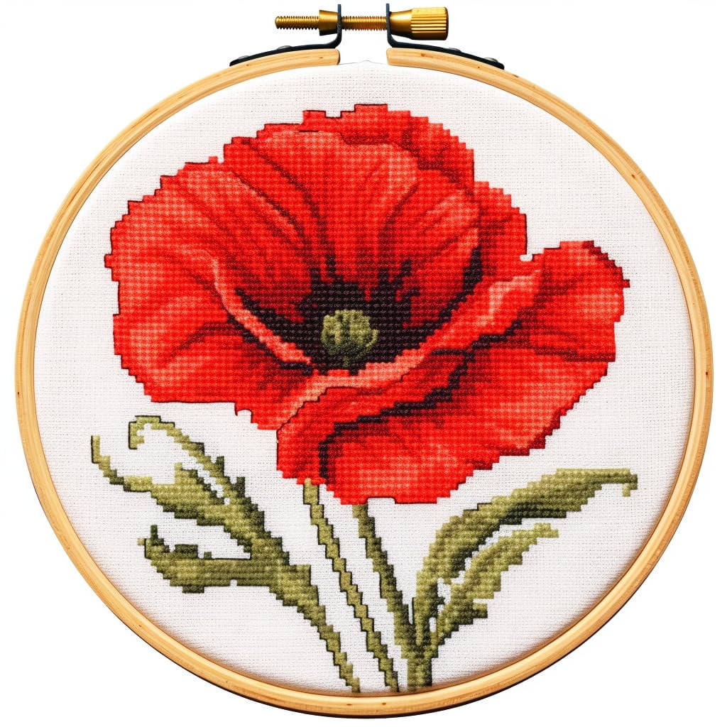 Red Poppy Flower Round Shape DIY Stamped Cross Stitch Kits for ...