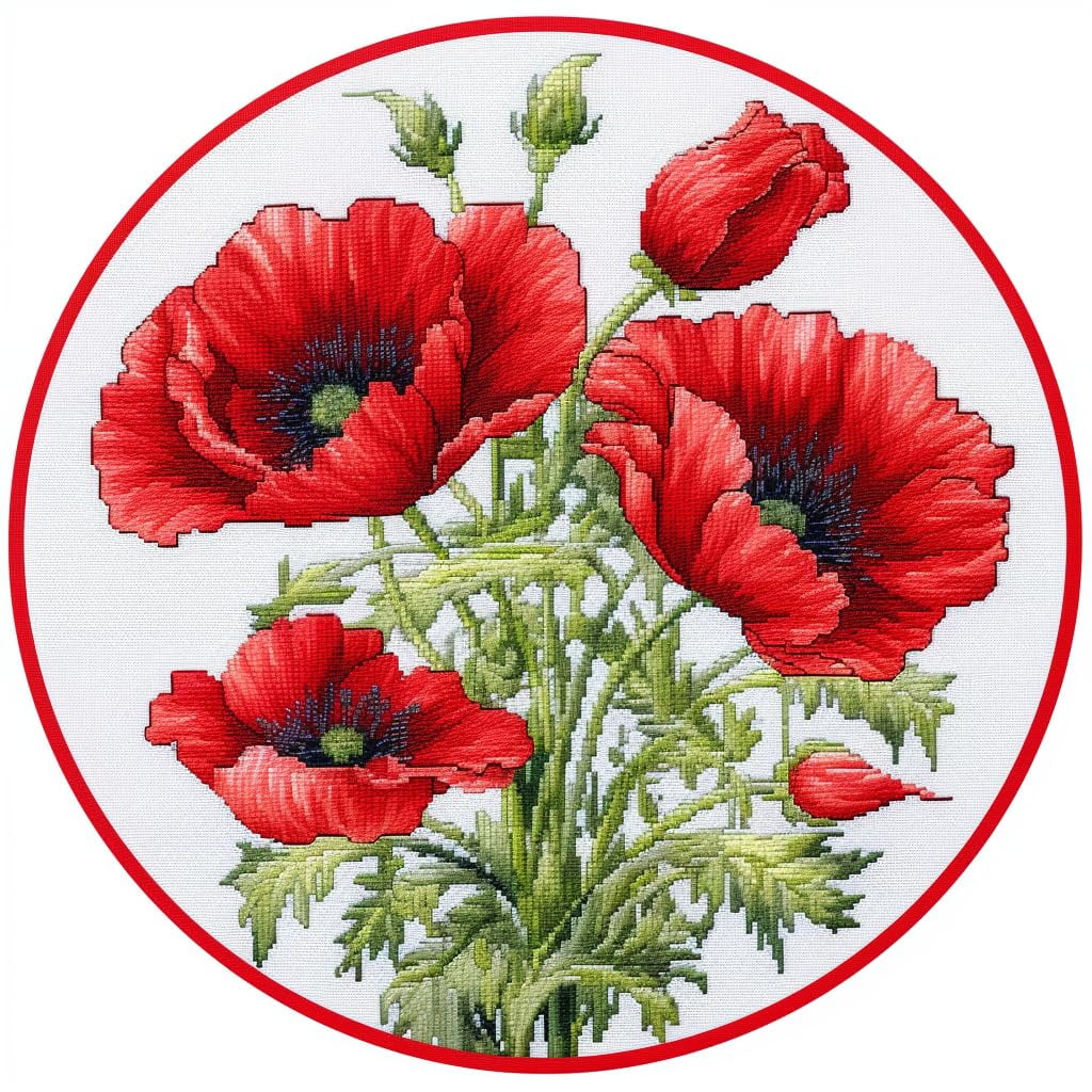 Red Poppy Flower Round Shape Stamped Cross Stitch Kits for Beginners ...