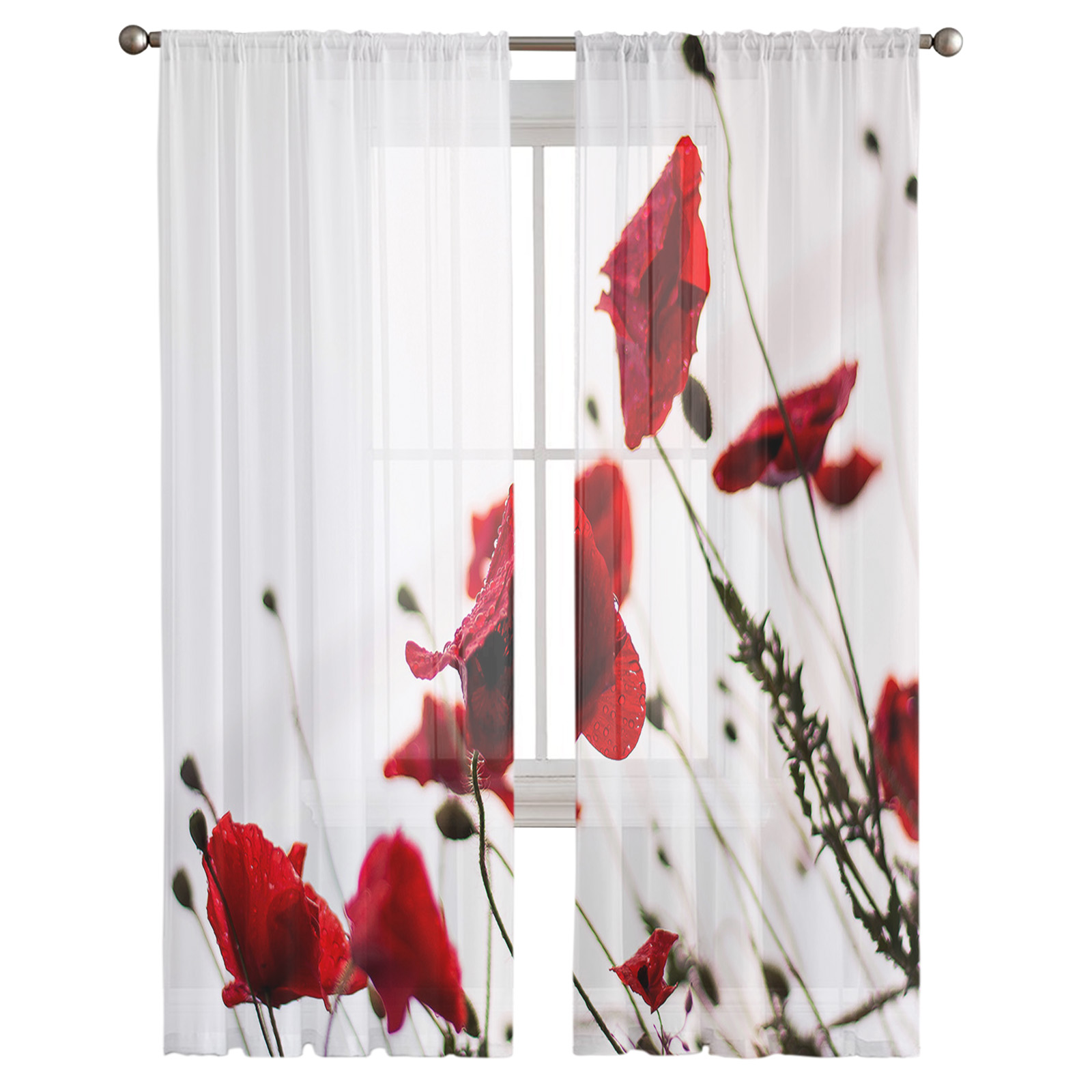 Red Poppy Flower Sea Sheer Curtain for Living Room Bedroom Voile Drape ...