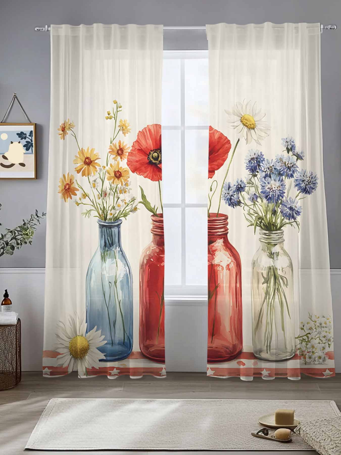 Red Poppy Flower Sheer Curtains for Living Room Bedroom Patriotic Blue ...