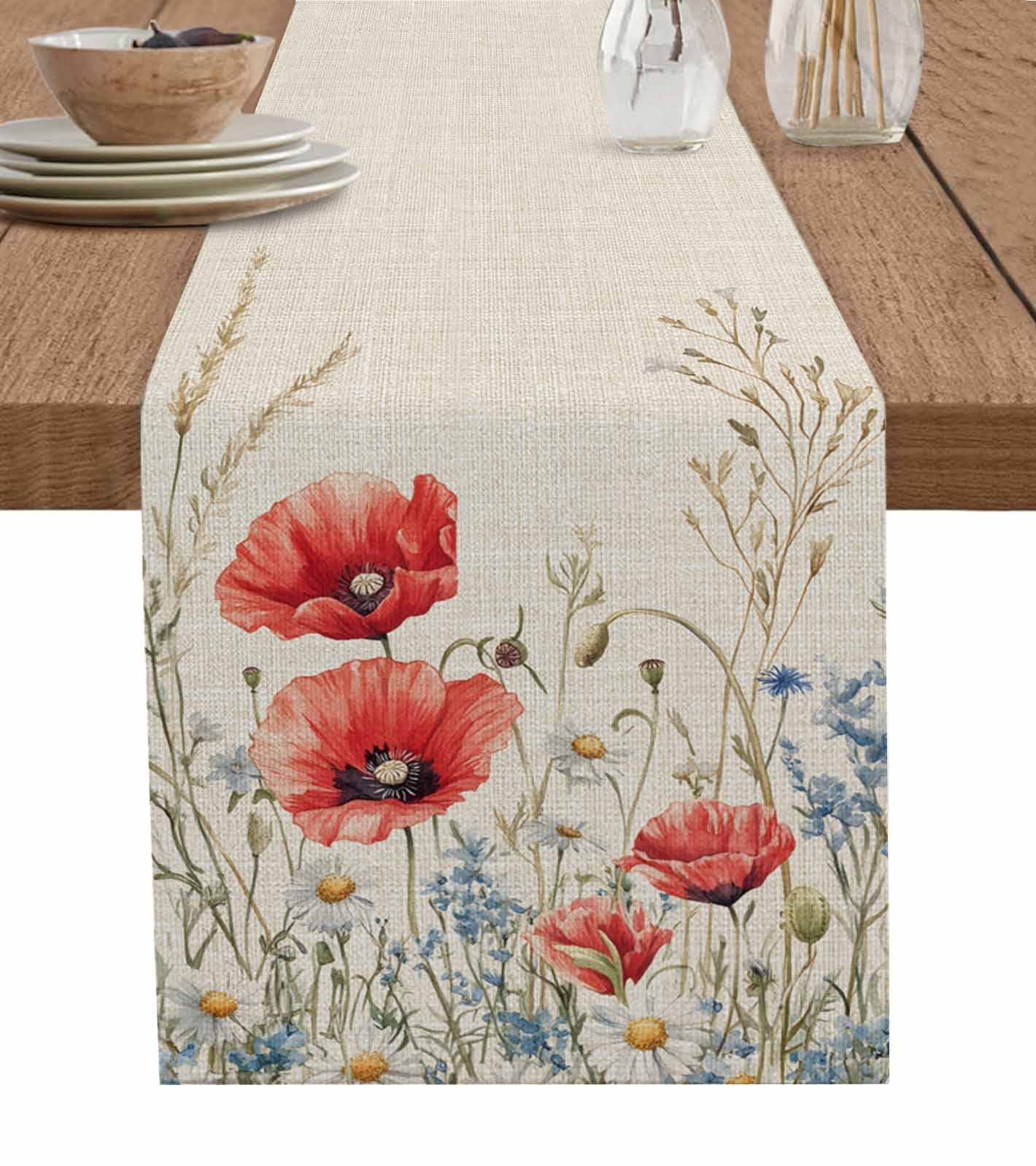Red Poppy Flower Table Runner 108 Inches, Patriotic Botanical Summer ...