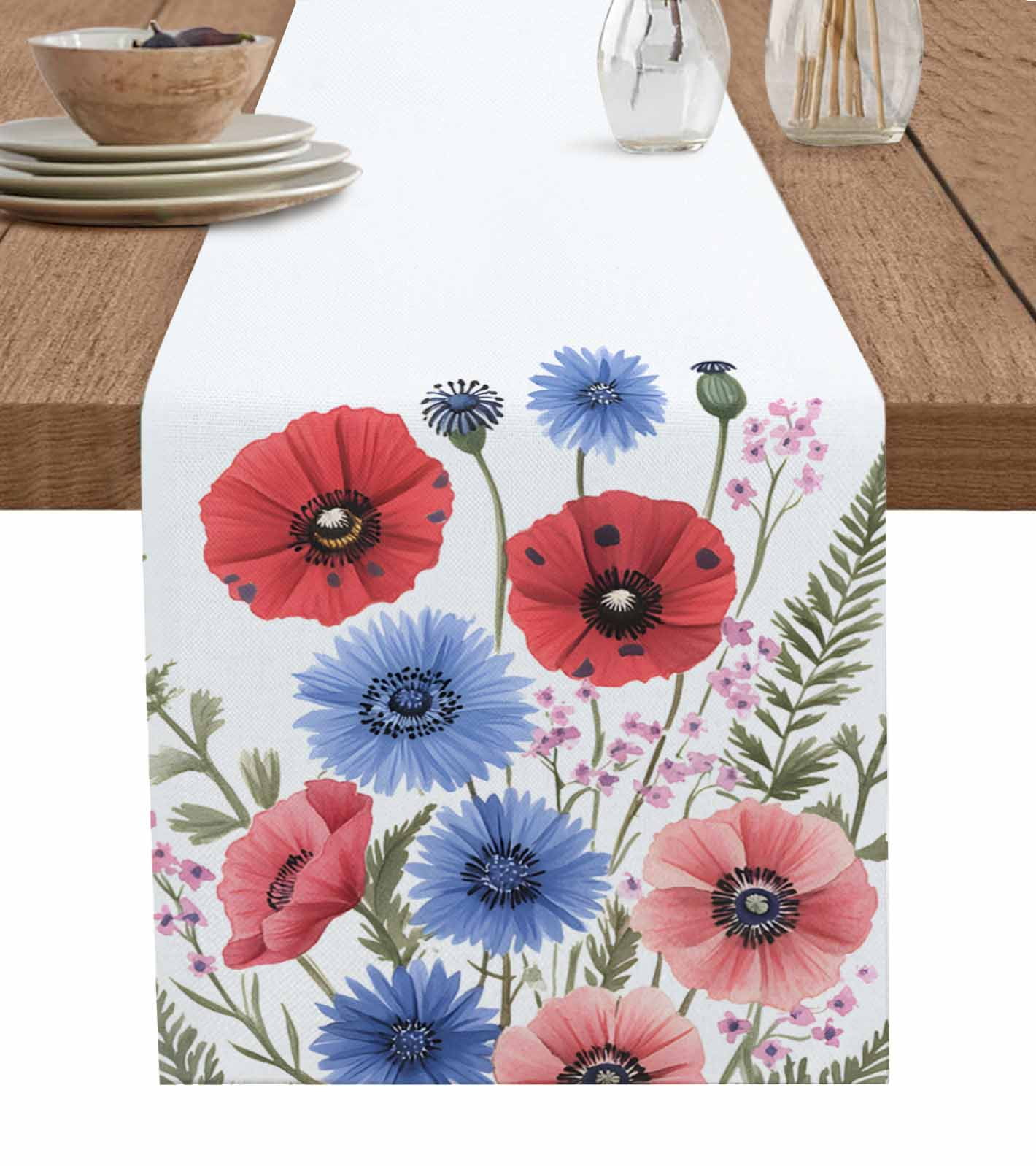 Red Poppy Flower Table Runner 72 Inches, Blue Pink Floral Botanical ...