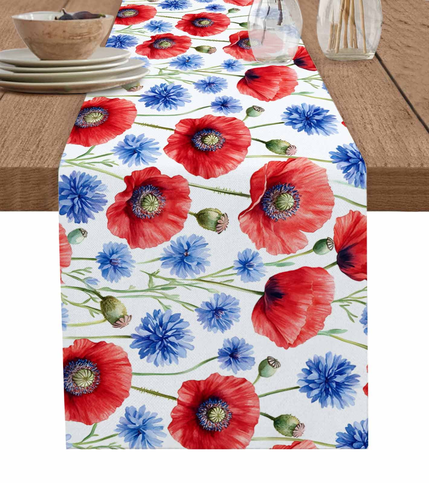 Red Poppy Flower Table Runner 72 Inches, Blue Watercolor Budding Floral ...