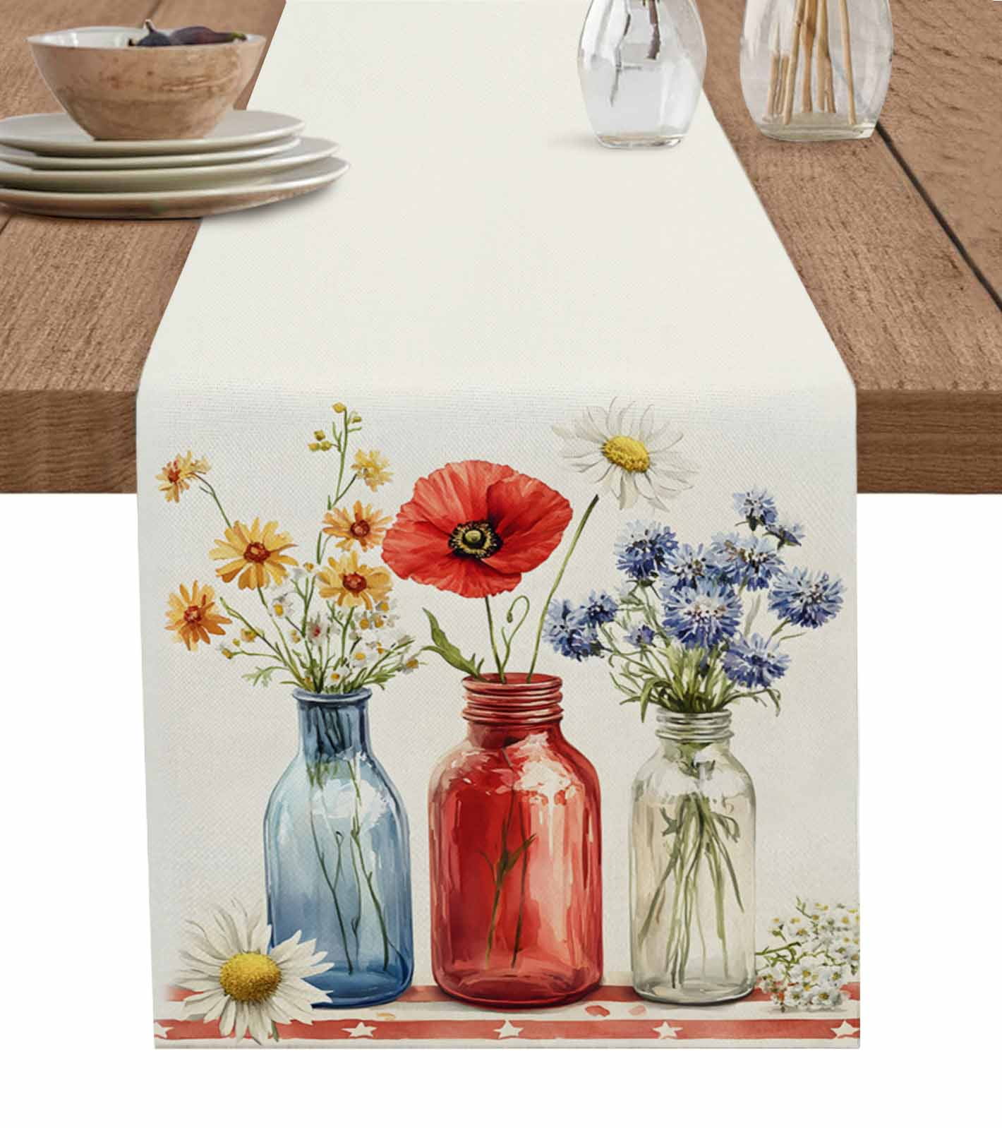 Red Poppy Flower Table Runner 72 Inches, Patriotic Blue Floral 4th of ...