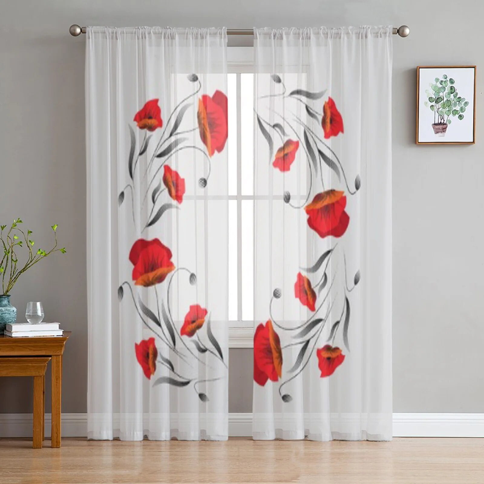 Red Poppy Flower Tulle Curtains for Living Room ration Modern Veil ...